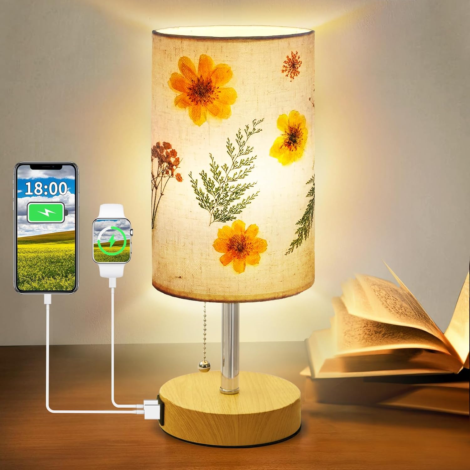 LUMIMAN DIY Pressed Flower Lampshade Beside Lamp, Desk Lamp with USB ...