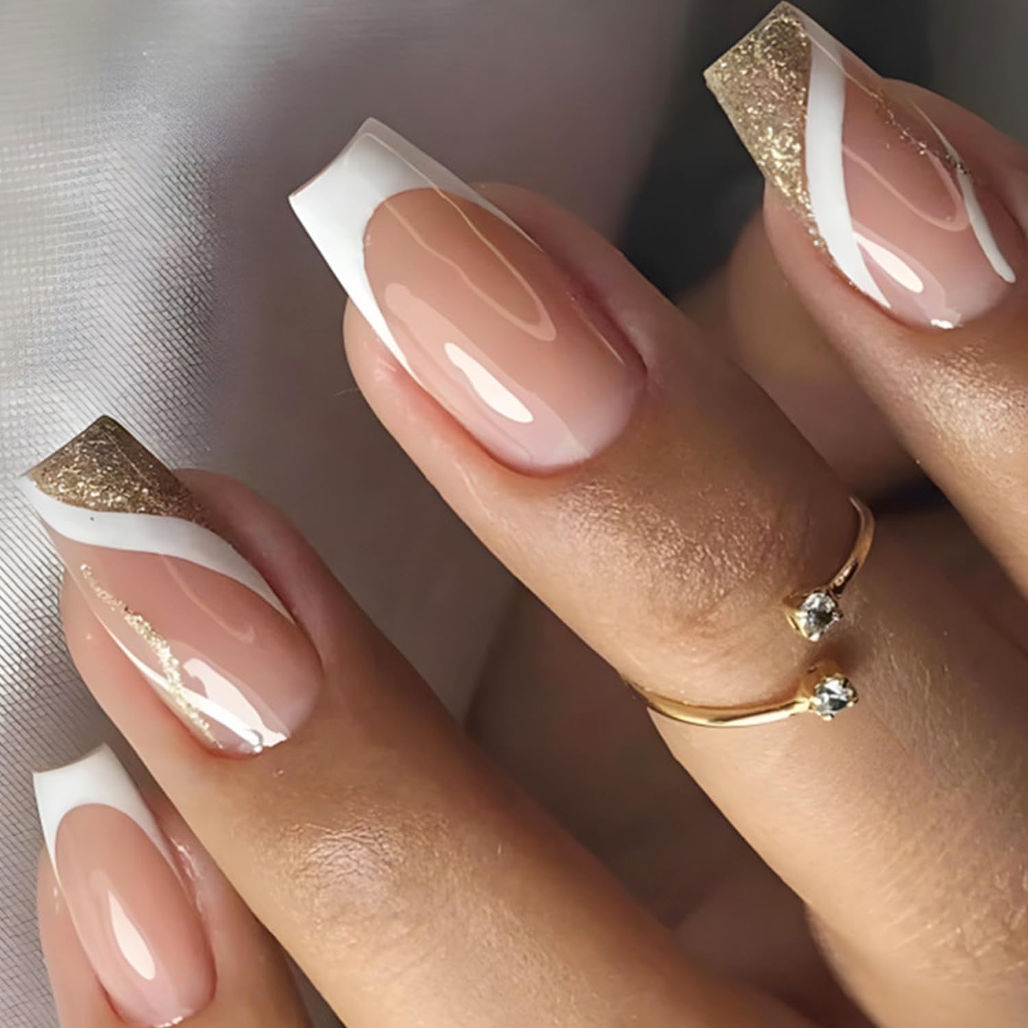 Amazon.com: White Gold French Tip Press on Nails Medium Length Square ...
