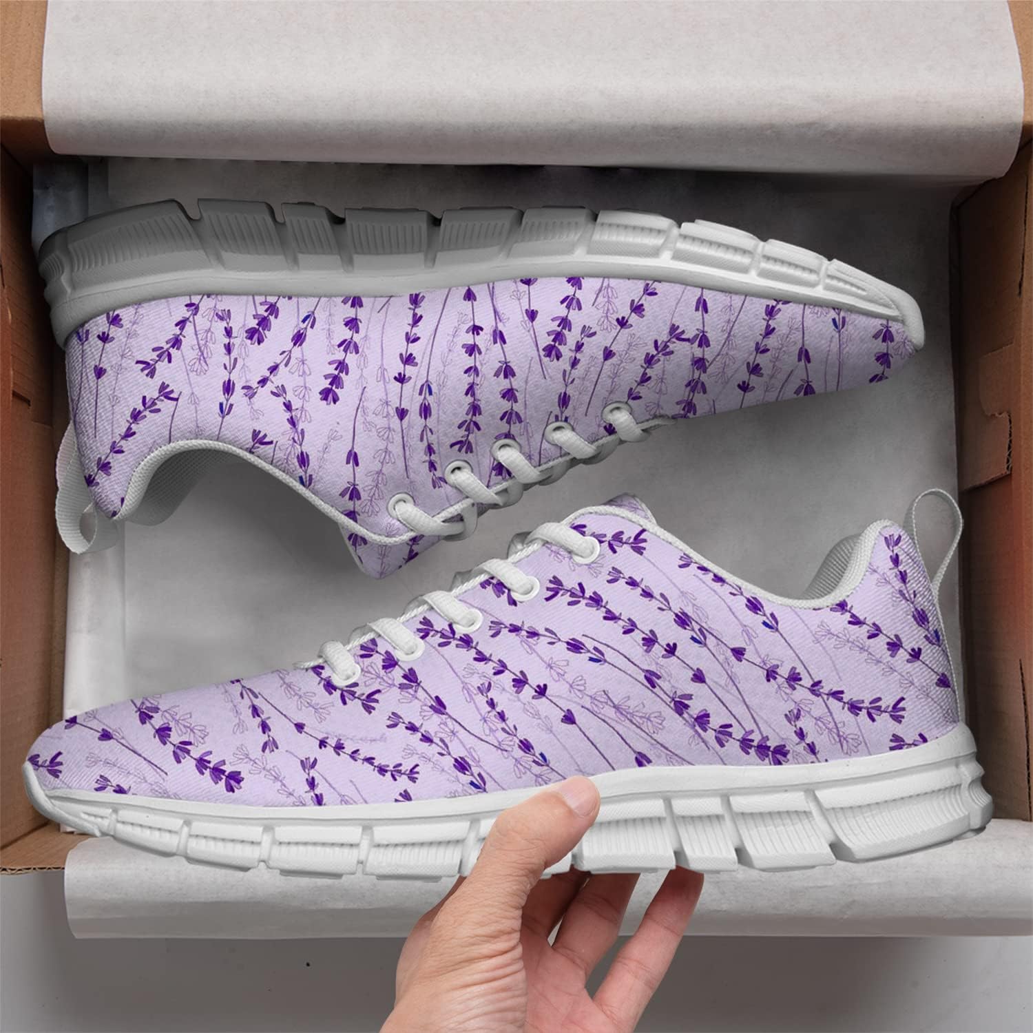 Lavender Print Shoes Womens Ladies Running Sneakers Lace Up Flower ...
