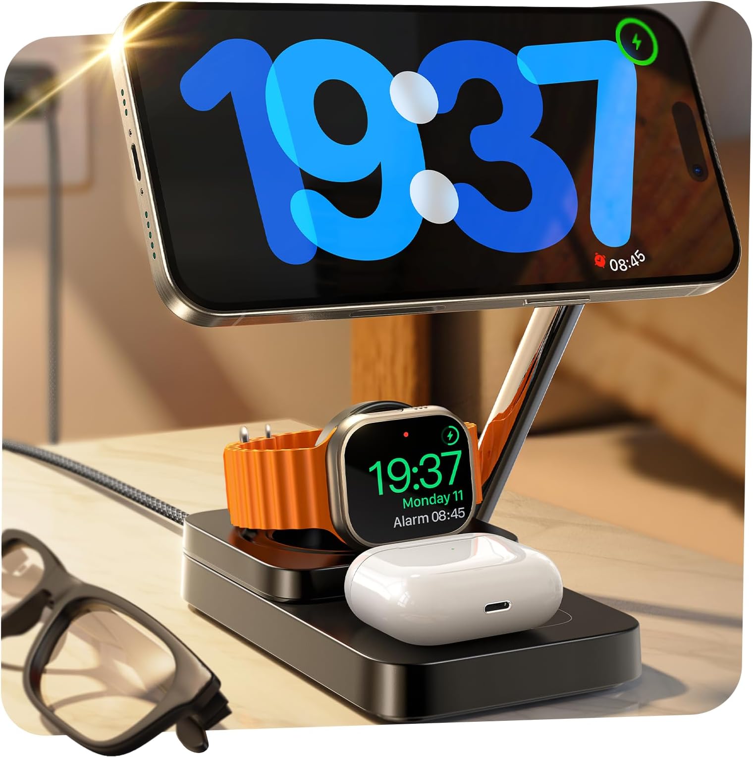 LISEN Soporte de Cargador 3 en 1 Inalámbrico para iPhone Magsafe 15W ...