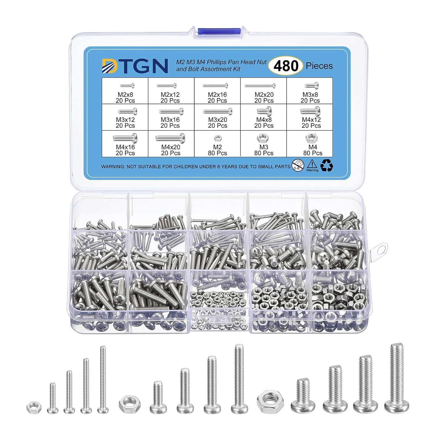 DTGN 480Pcs Nuts and Bolts Assortment Kit, M2 M3 M4 Phillips Pan Head ...