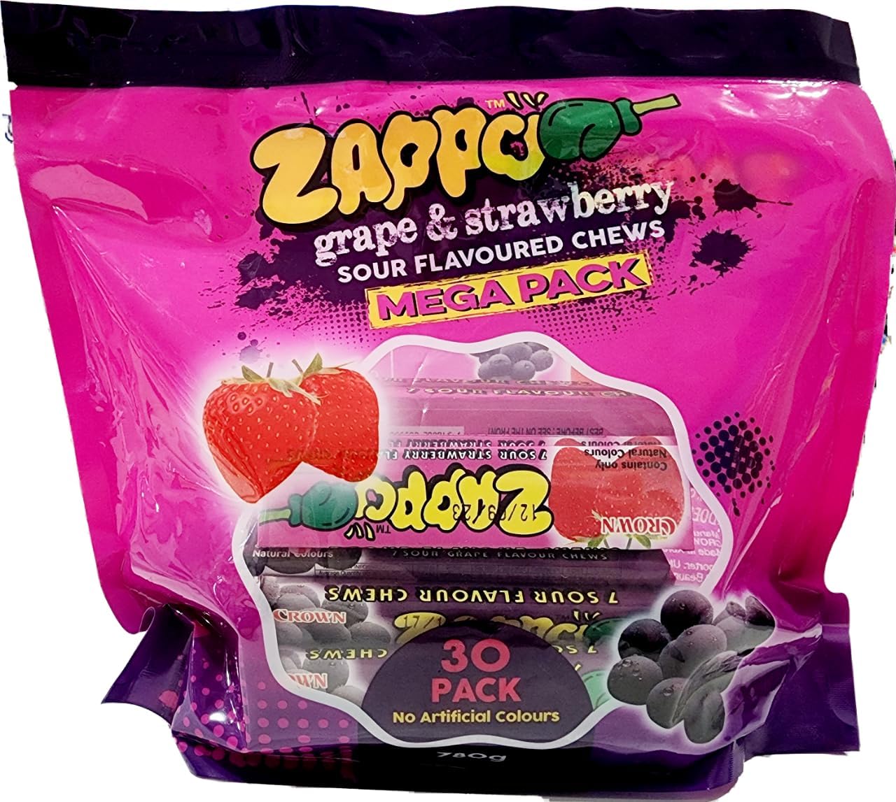 Zappo Grape & Strawberry Sour Flavoured Chews Lollies 30 x 26g : Amazon ...