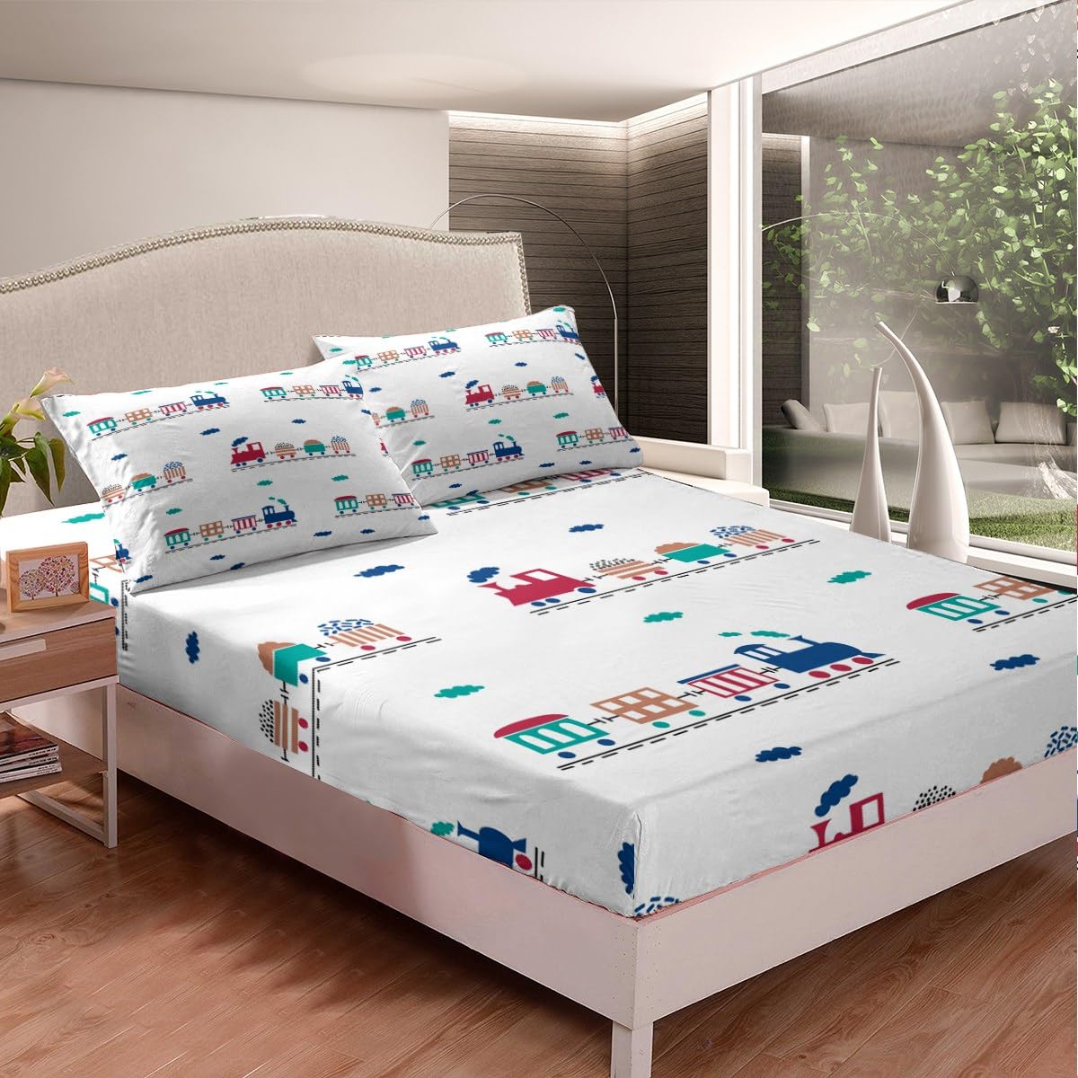 Amazon.com: Homewish Cartoon Car Bedding Set Kids Train Fitted Sheet ...