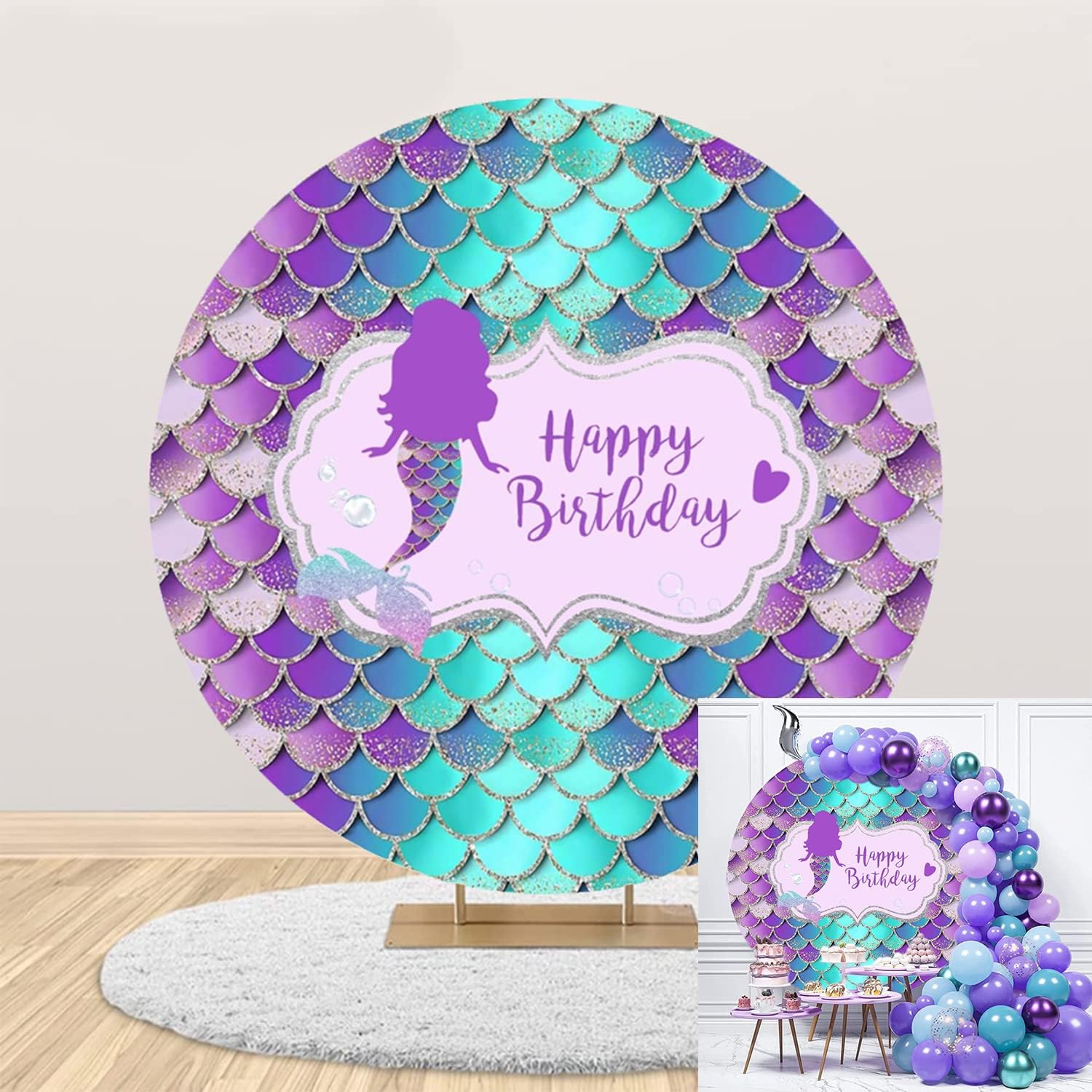 Amazon.com : Mermaid Backdrop for Girls Birthday Round Backdrop Cover 7 ...