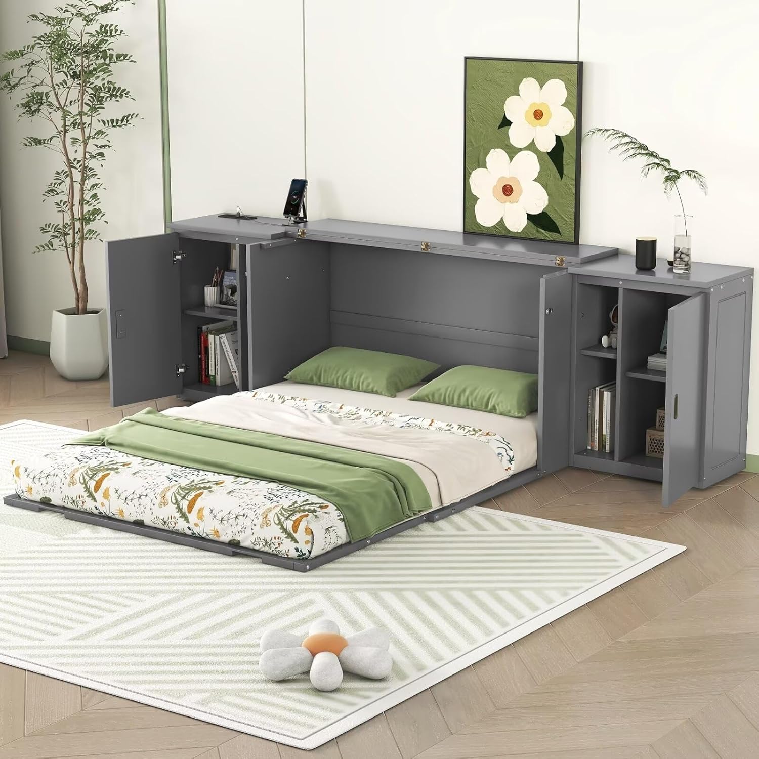 Amazon.com: Merax Murphy Bed Cabinet, Wood Floor Bed Queen Size Murphy ...