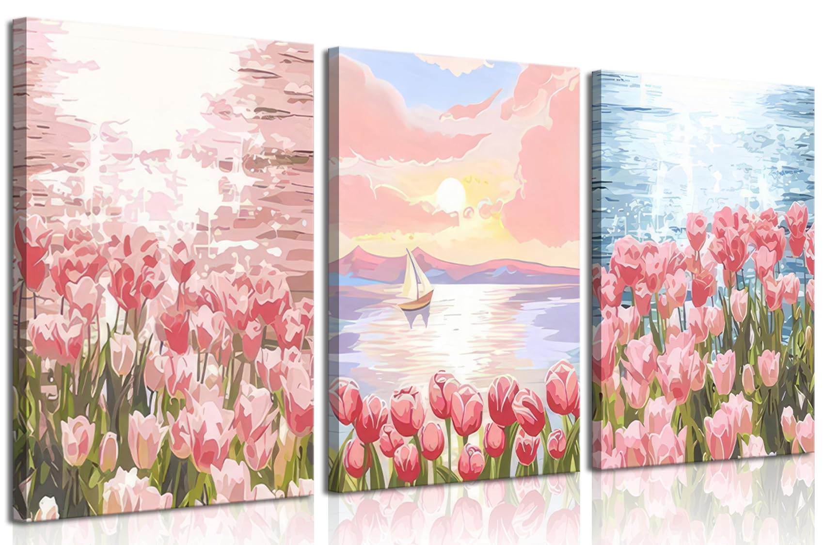 Amazon.com: 3Pcs Pink Tulip Floral Canvas Wall Art Seaside Scenery Wall ...