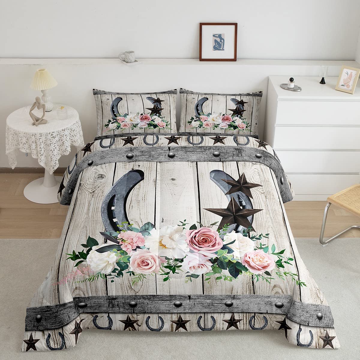 Amazon.com: Rose Horseshoe Comforter Set Queen Size Western Cowboy ...