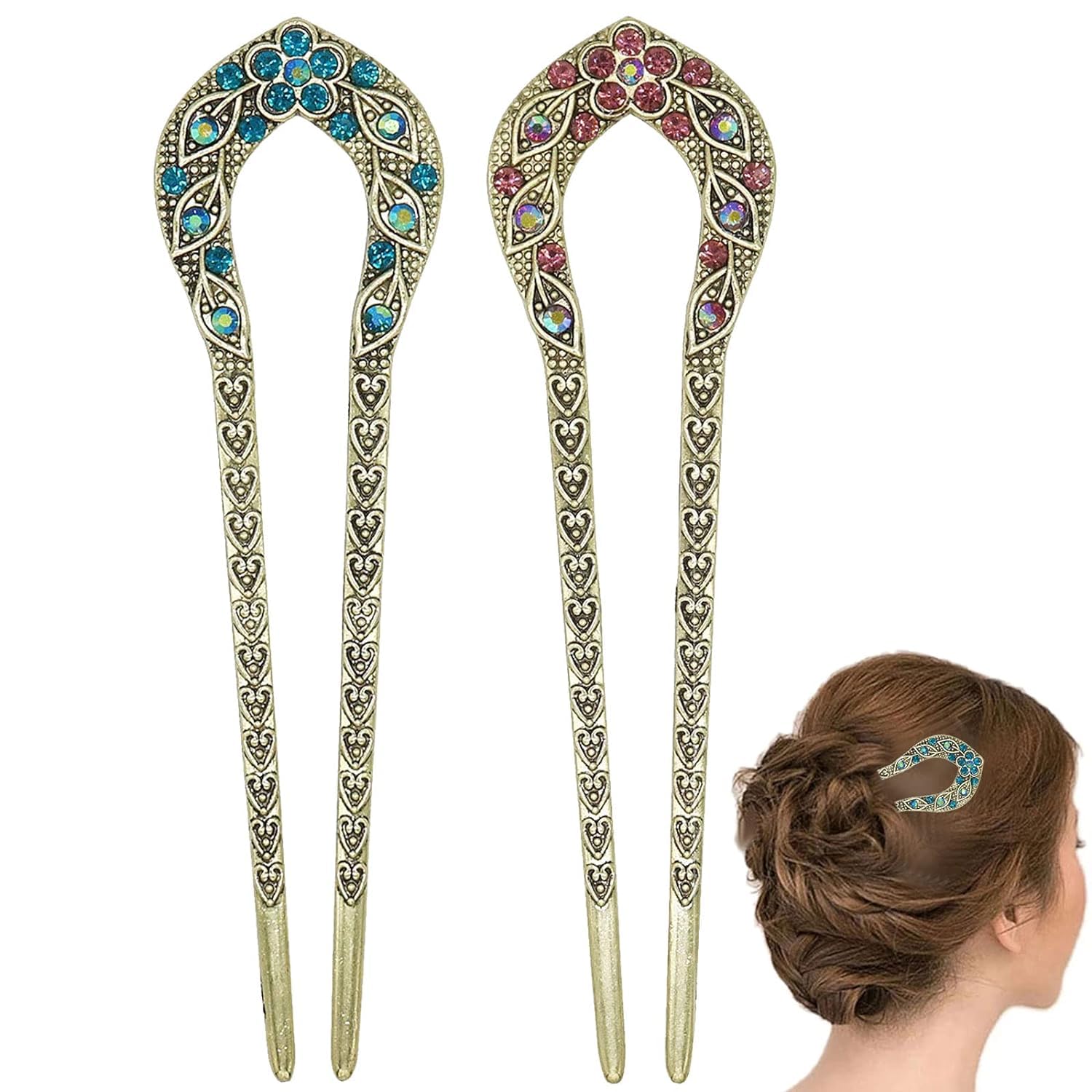 Buy 2 Pcs Vintage Crystal Rhinestone Double Prong Hair Pins Hairstyle ...