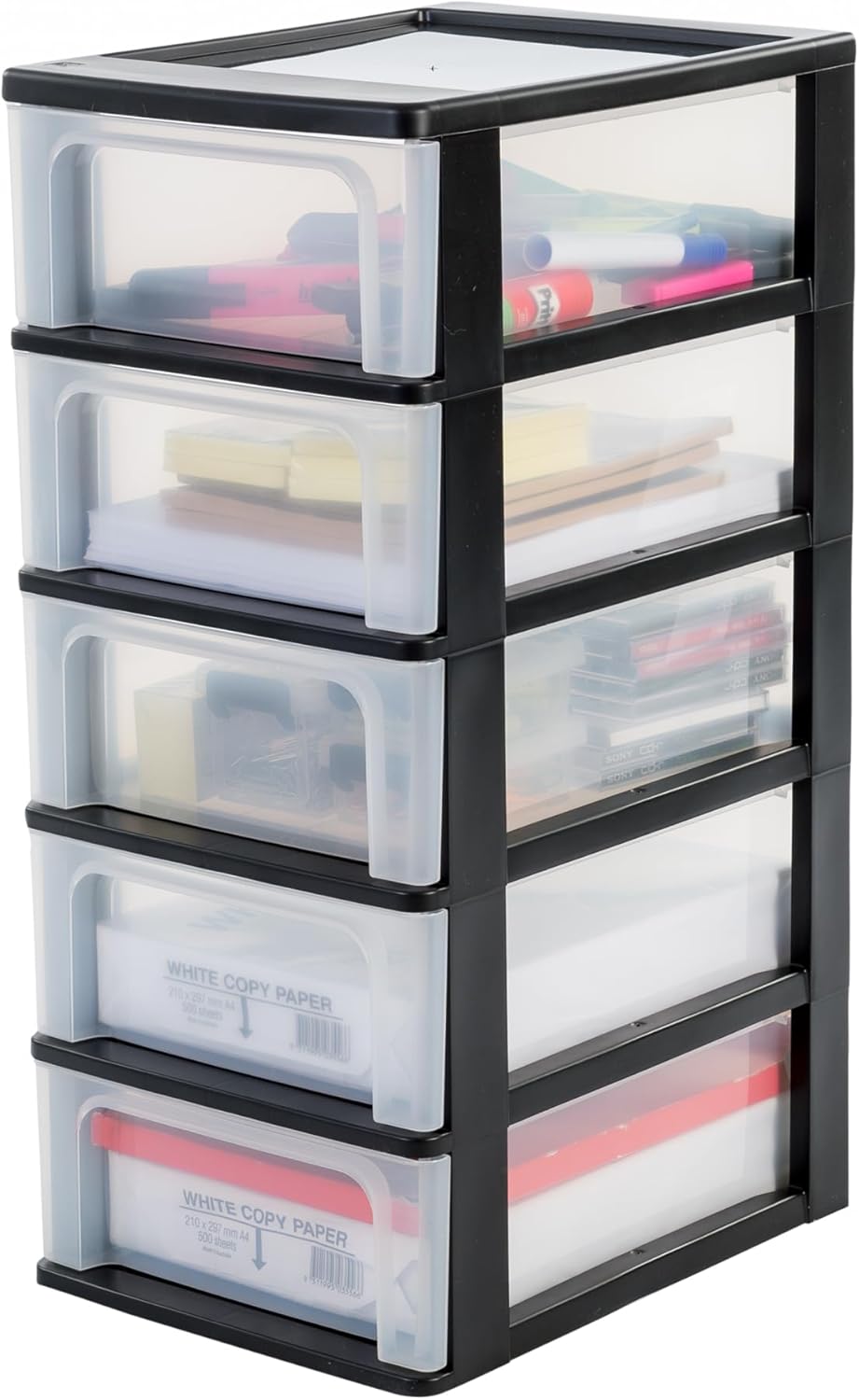 Iris Ohyama Plastic Storage Drawers Unit, 5 Shallow Drawers, Black ...