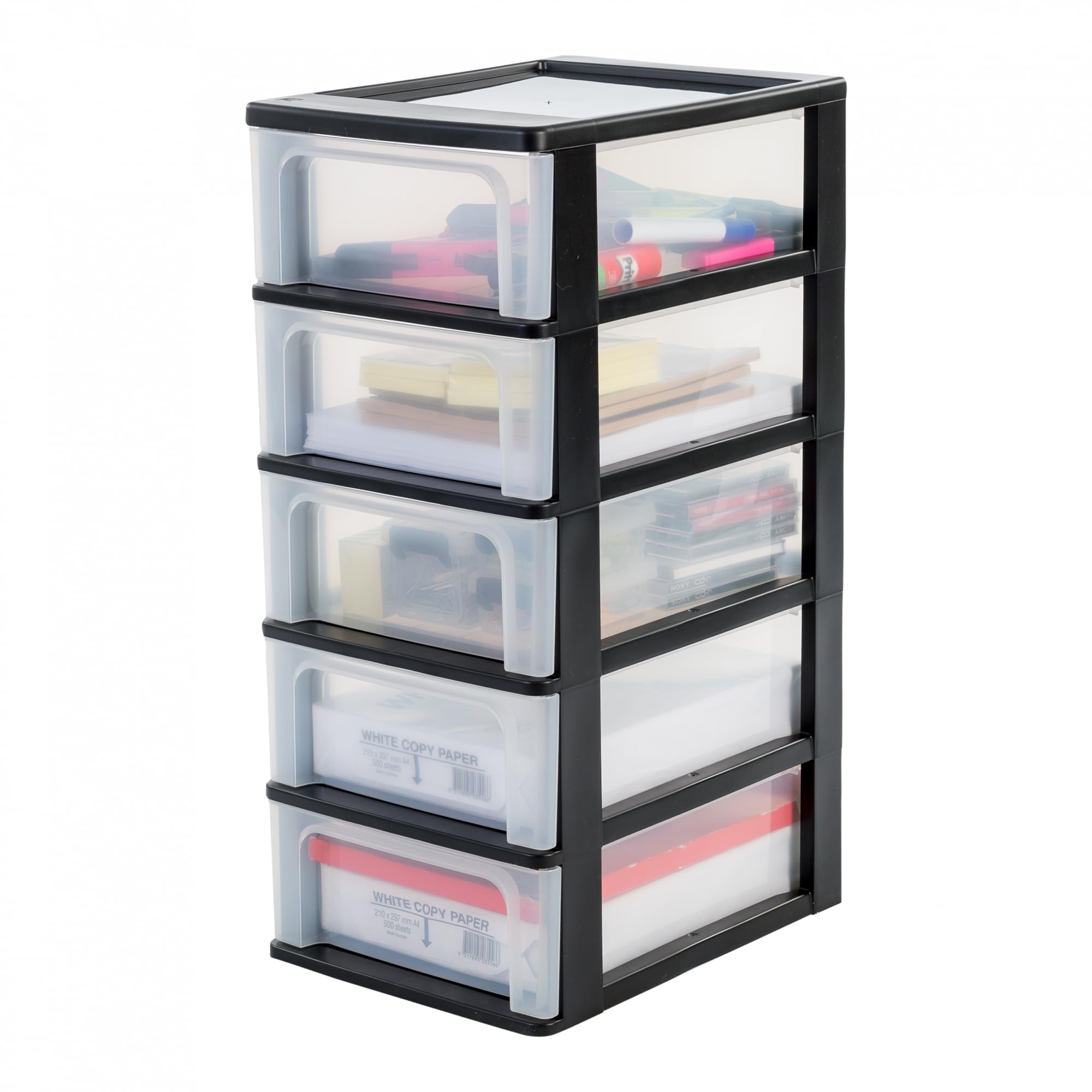 Iris Ohyama Plastic Storage Drawers Unit, 5 Shallow Drawers, Black ...