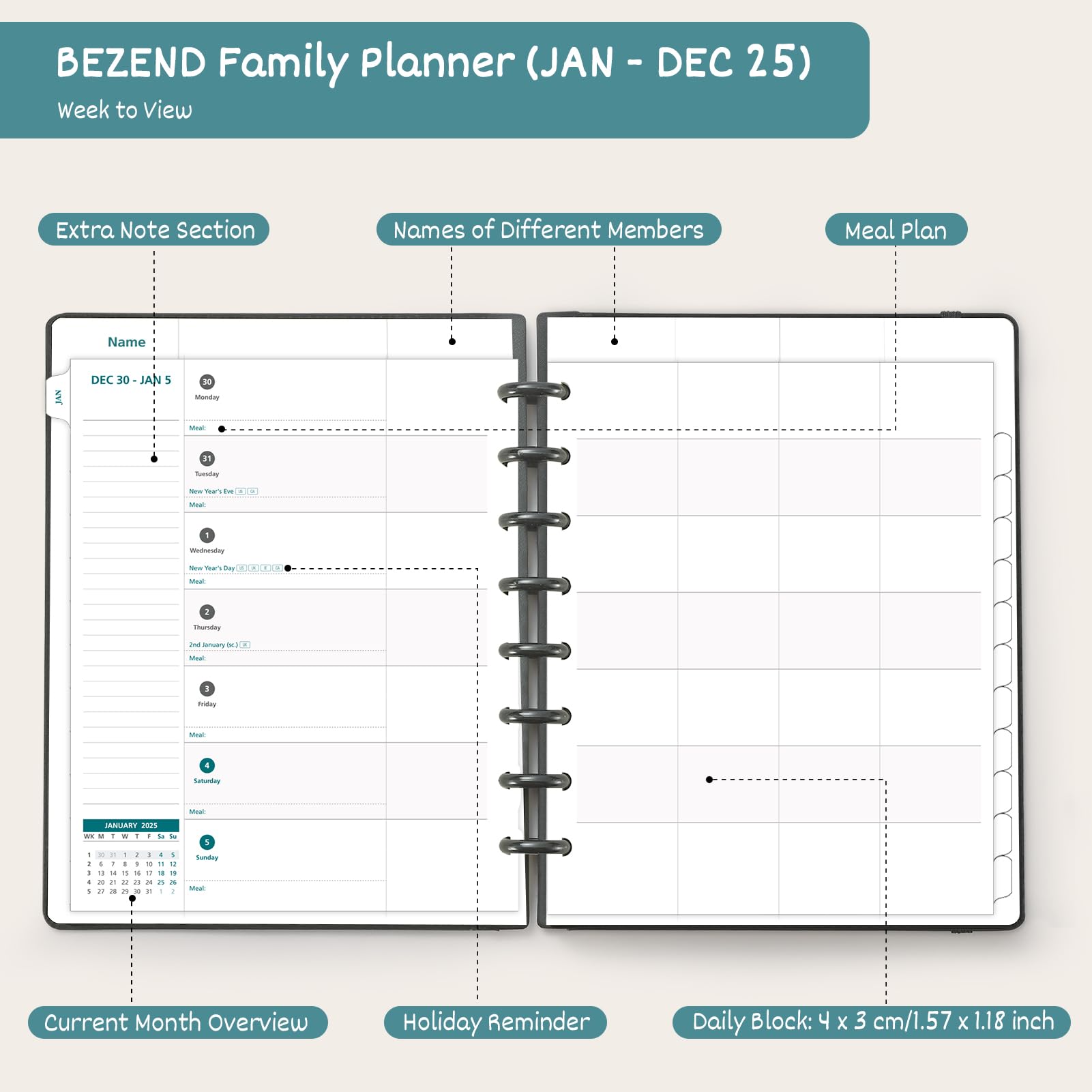 BEZEND Family Diary 2025 Week to View A5+ with 6 Column Layout – 2025 ...