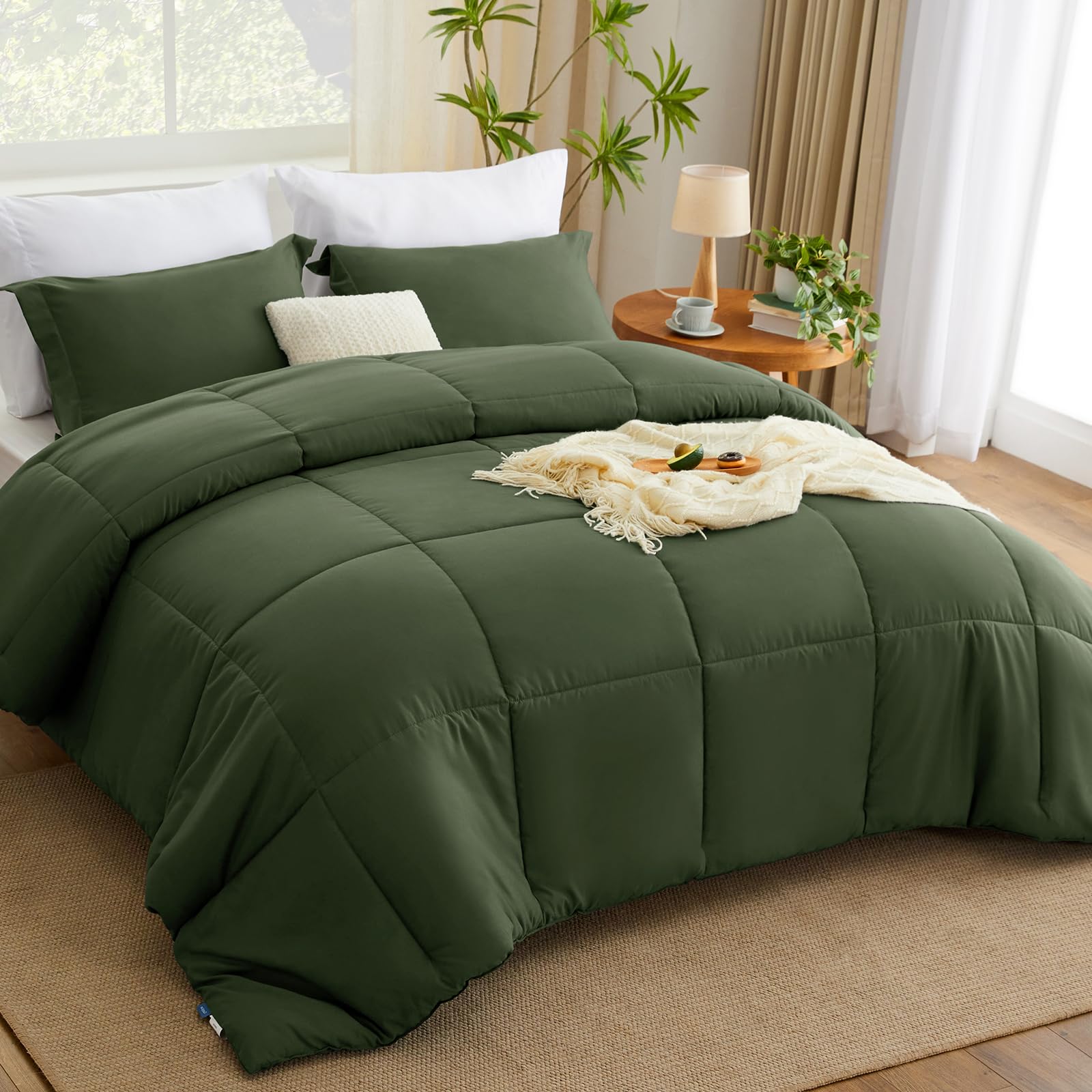 Amazon.com: CozyLux Queen Size Comforter Set - Olive Green Comforter ...