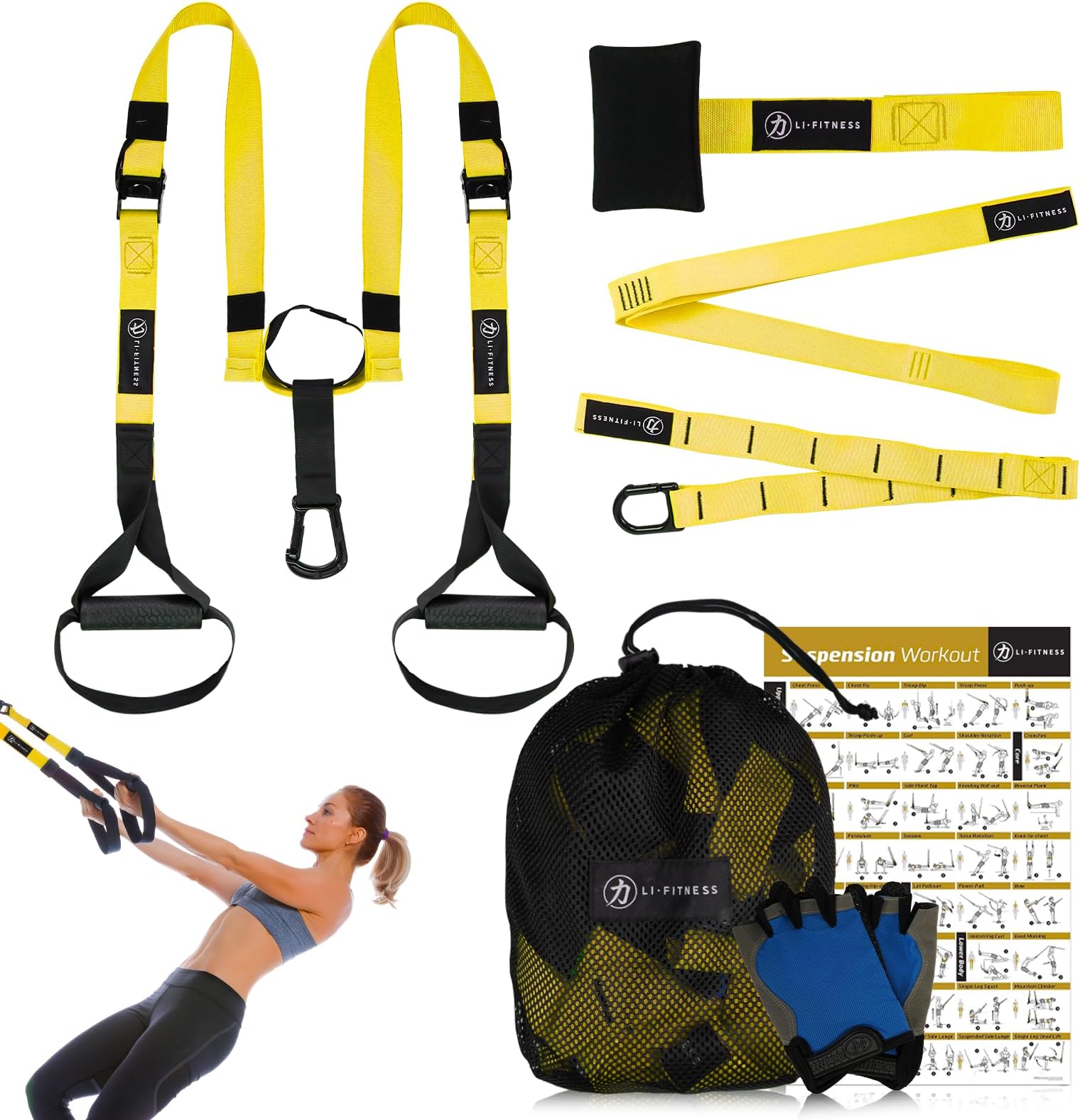 LI FITNESS Suspension Trainer Kit Resistance System Full Body Workout ...