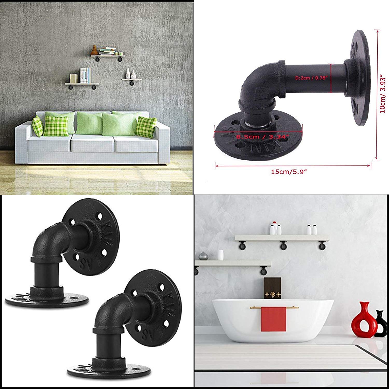 Buy Hoffen Industrial L Pipe Shelf Bracket for Shelving,7 Inch Floating Metal Black Wrought Iron ...