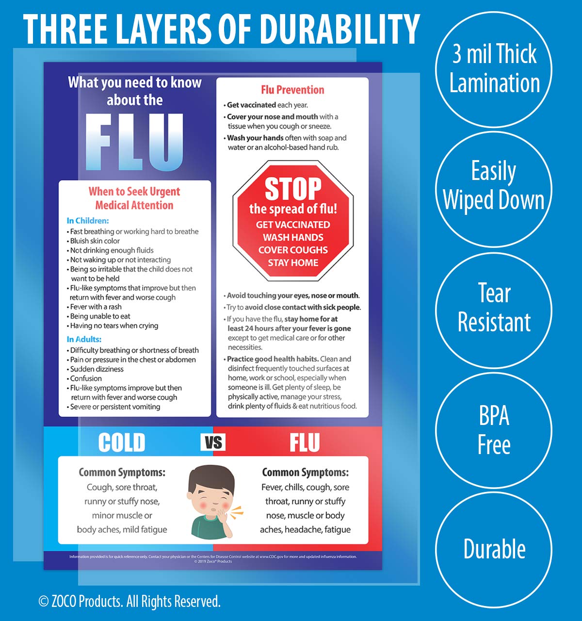 Buy Flu Prevention Poster - Laminated, 12 x 18 inches - Flu vs Cold ...