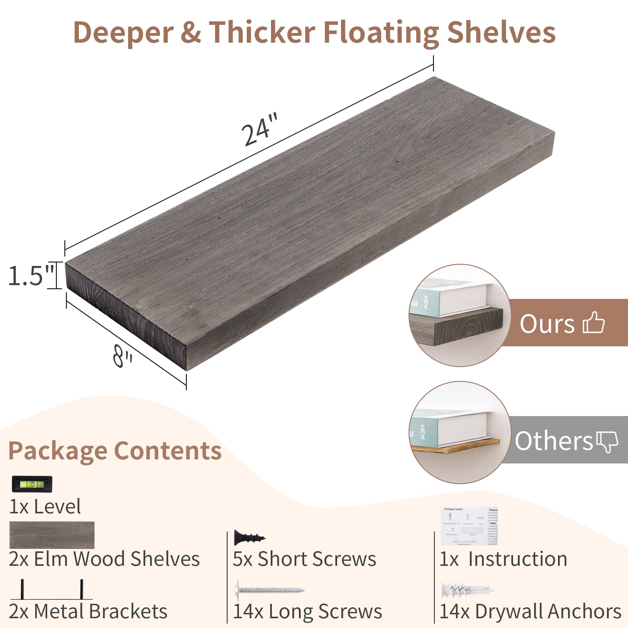 Axeman Floating Shelves, 8 Inch Deep Rustic Solid Elm Wood Wall Shelves ...