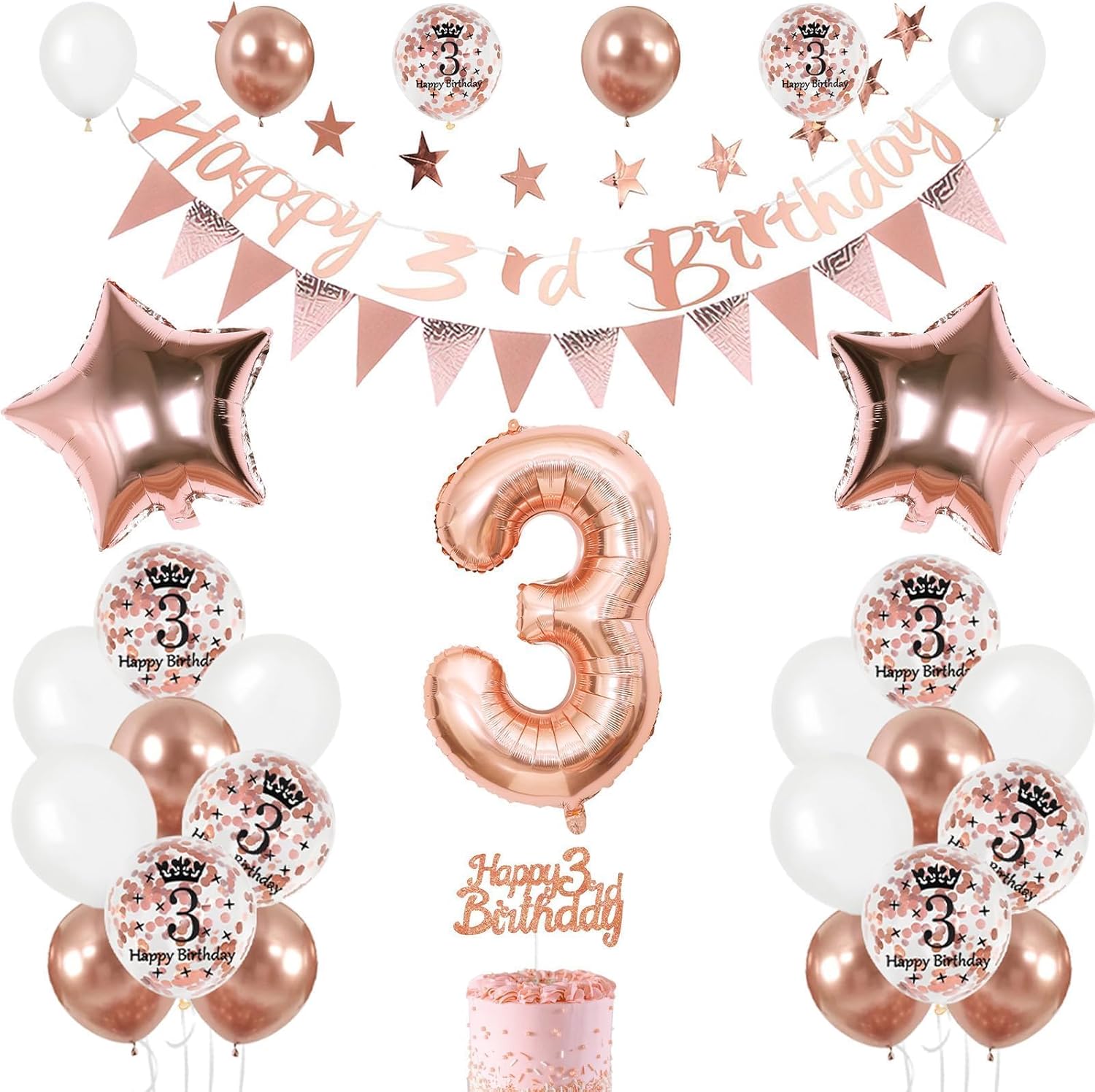 Amazon.com: 3rd Birthday Decoration for Girls, Rose Gold First Birthday ...