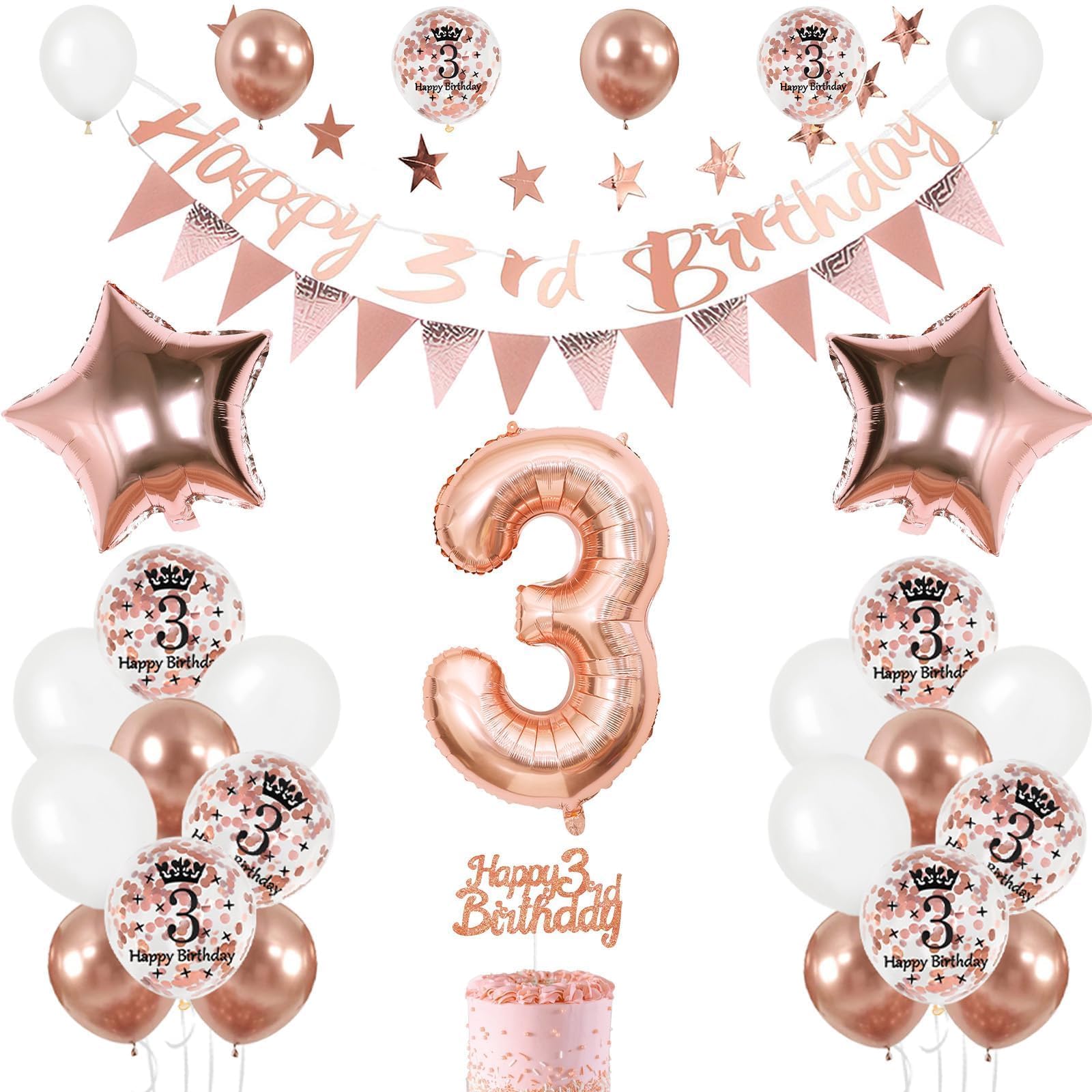 Amazon.com: 3rd Birthday Decoration for Girls, Rose Gold First Birthday ...