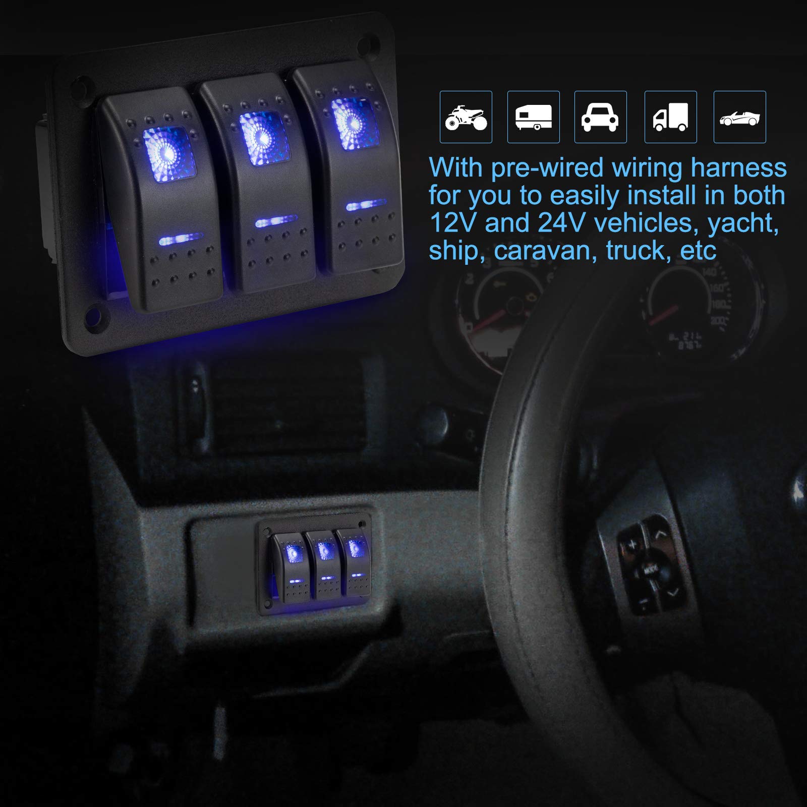 Snapklik.com : BUNKER INDUST 3 Gang Rocker Switch Aluminum Panel