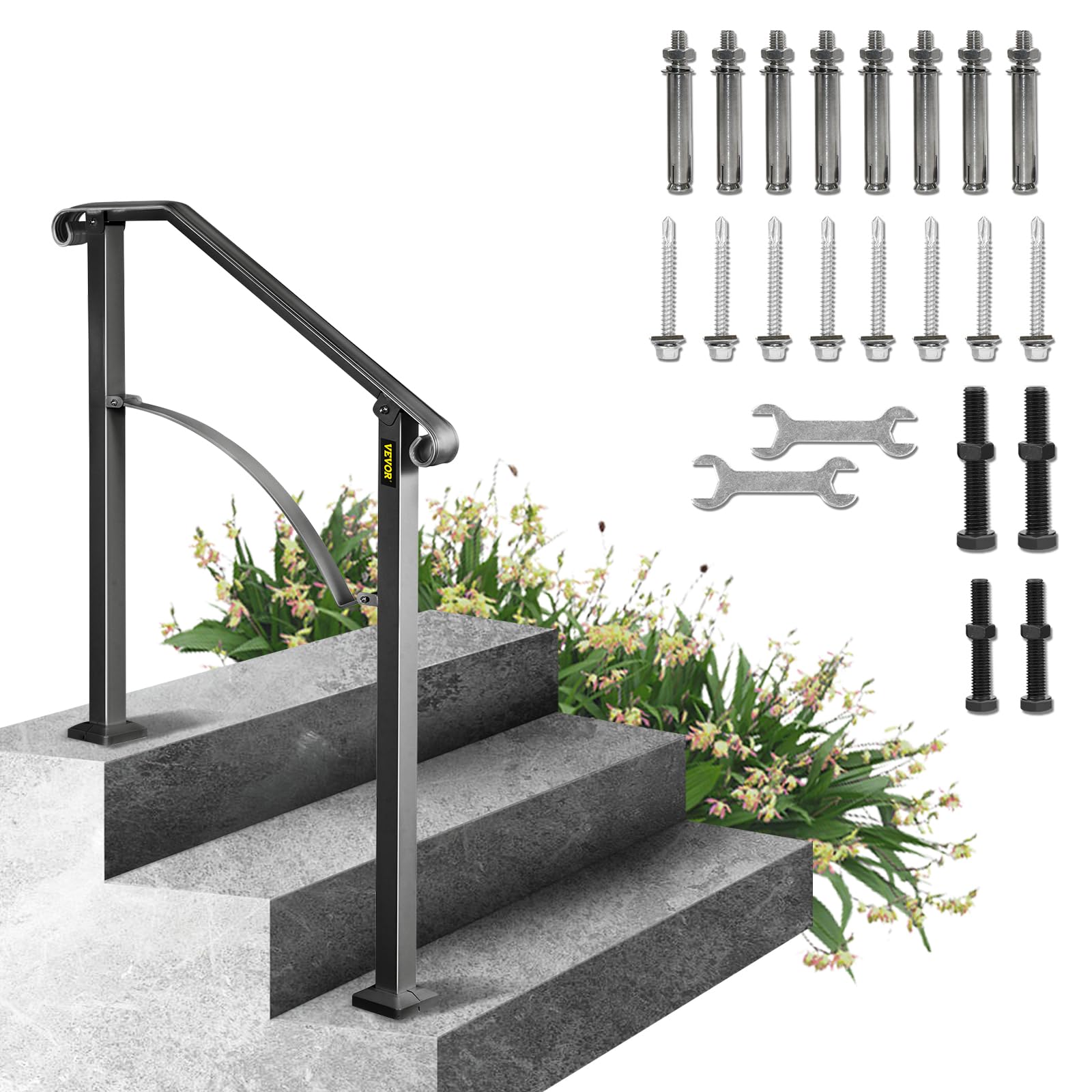 VEVOR Handrail for Outdoor Steps, 2-3 Steps Arch#2 Outdoor Handrail ...
