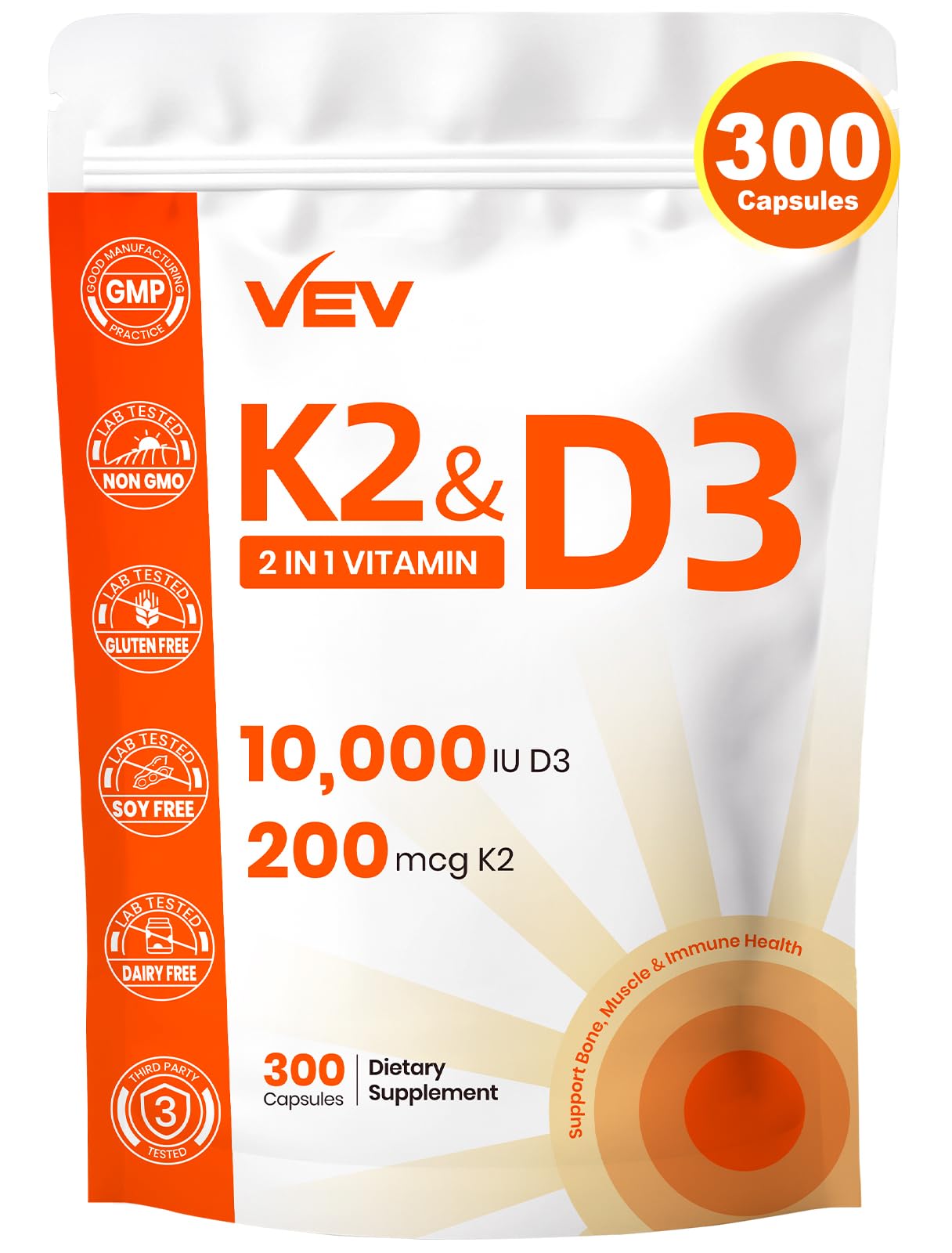 Amazon.com: VEV Vitamin D3 K2, 10,000 IU D3, 200mcg K2 (with MK7), Supports Bone and Teeth ...