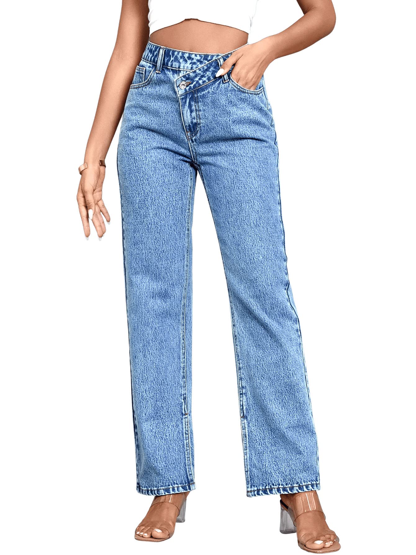 SweatyRocks Women's High Waisted Straight Leg Long Jeans Asymmetrical ...