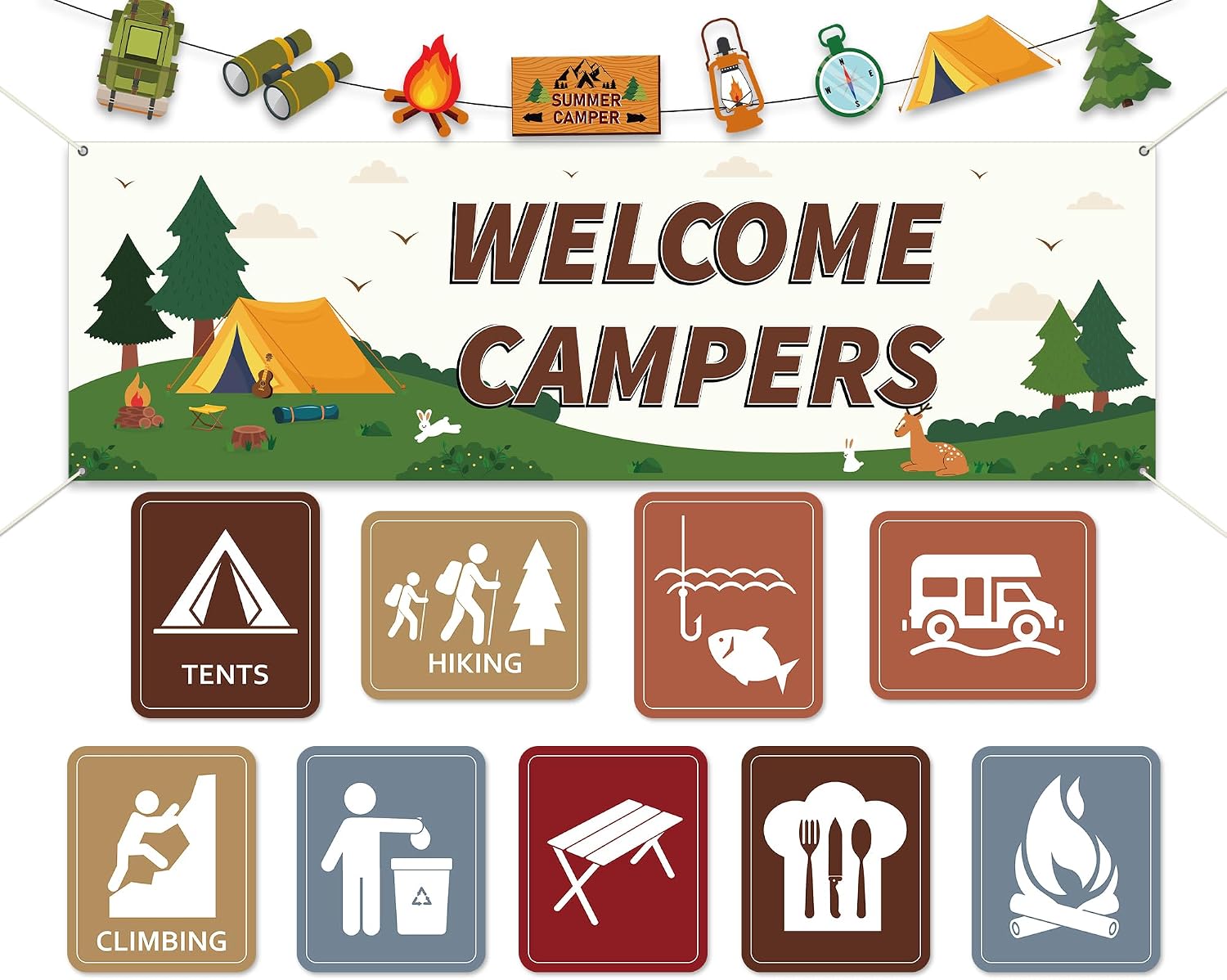 Amazon.com: Camping Themed Party Decorations Set 9 Camping Sign Cutouts ...