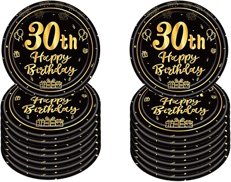 30th Birthday Paper Plates 7”Black and Gold Paper Plates,16Pcs ...
