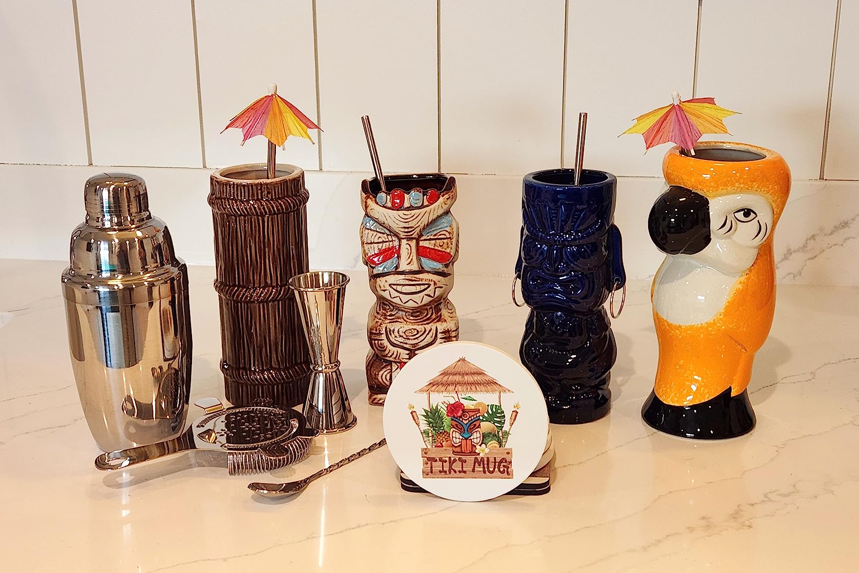 Amazon.com: Set of 4 Tiki Mugs, Barware Tool Set Includes Cocktail ...