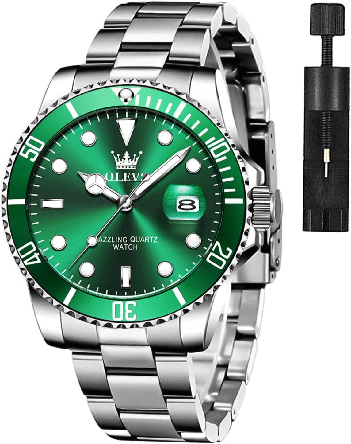 OLEVS Watches for Men Big Face Silver Stainless Steel Dress Watch for ...