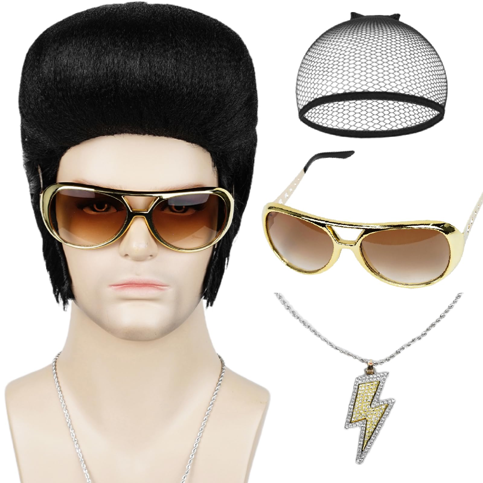 Amazon.com: Pre-styled Man Wig and Glasses Necklace, Black Wig with ...