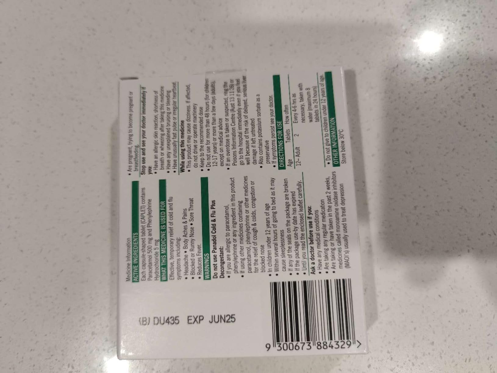Panadol Cold and Flu Plus Decongestant, Plus Paracetamol 500mg, 20 Pack ...