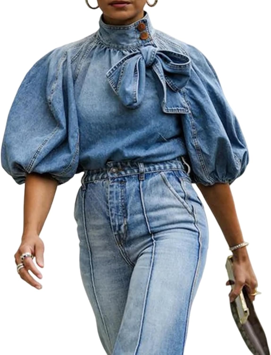 Women's Bow Design Denim Pullover Top Button Up High Neck Fashionable ...