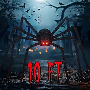 Wettarn 10 ft Black Halloween Giant Spider Scary Spider Red LED Eyes ...
