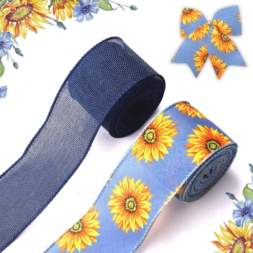 Hying 2 Rolls Spring Flowers Ribbons for Wreath Bows, Summer Wired Edge ...