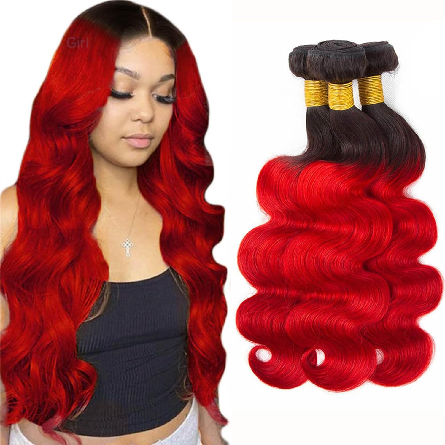 Amazon.com: 1B/Red Human Hair Bundles Body Wave Hair Bundles 14 16 ...