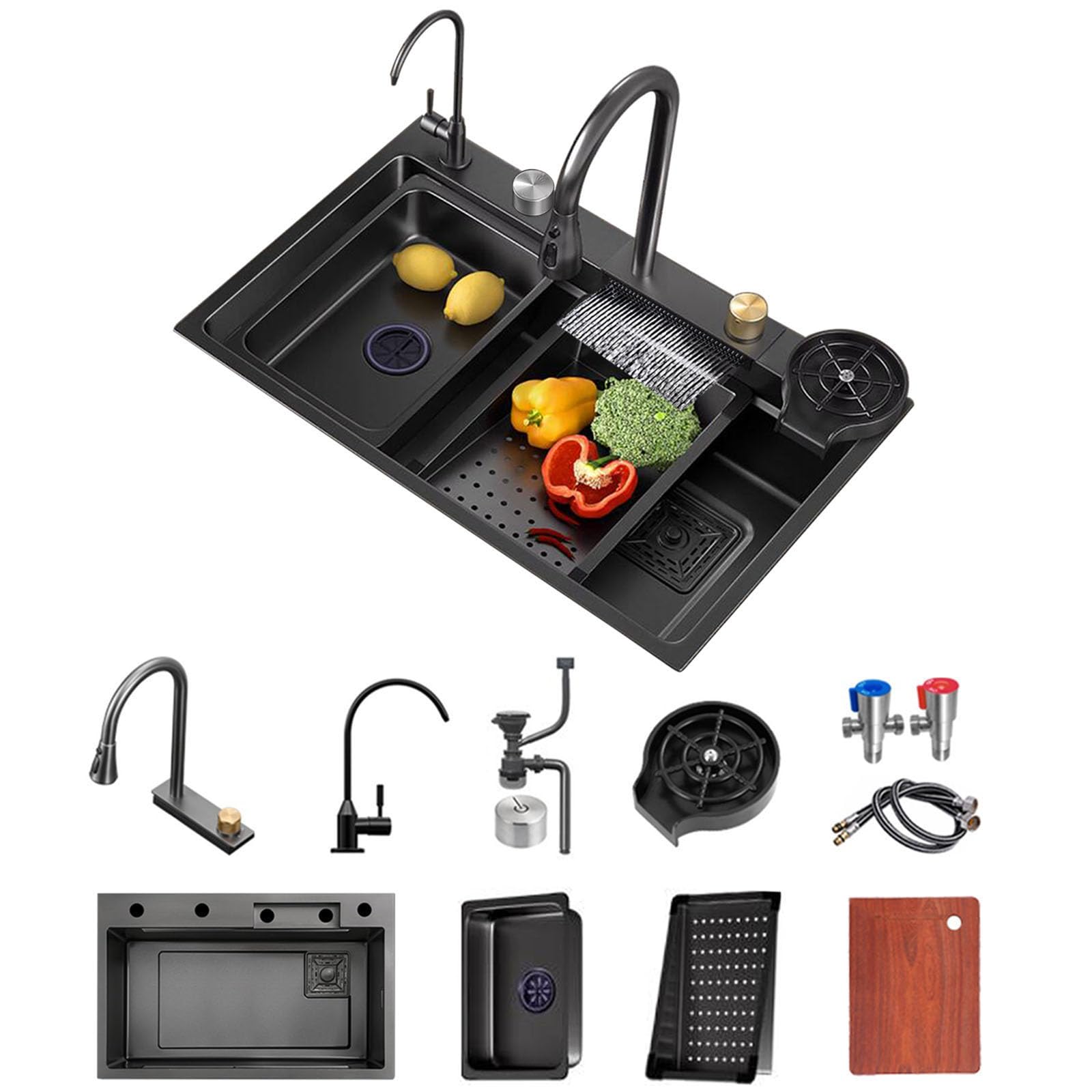 FIVIXIL Kitchen Sink Flying Rain Waterfall Single Sink Dishwashing Sink ...