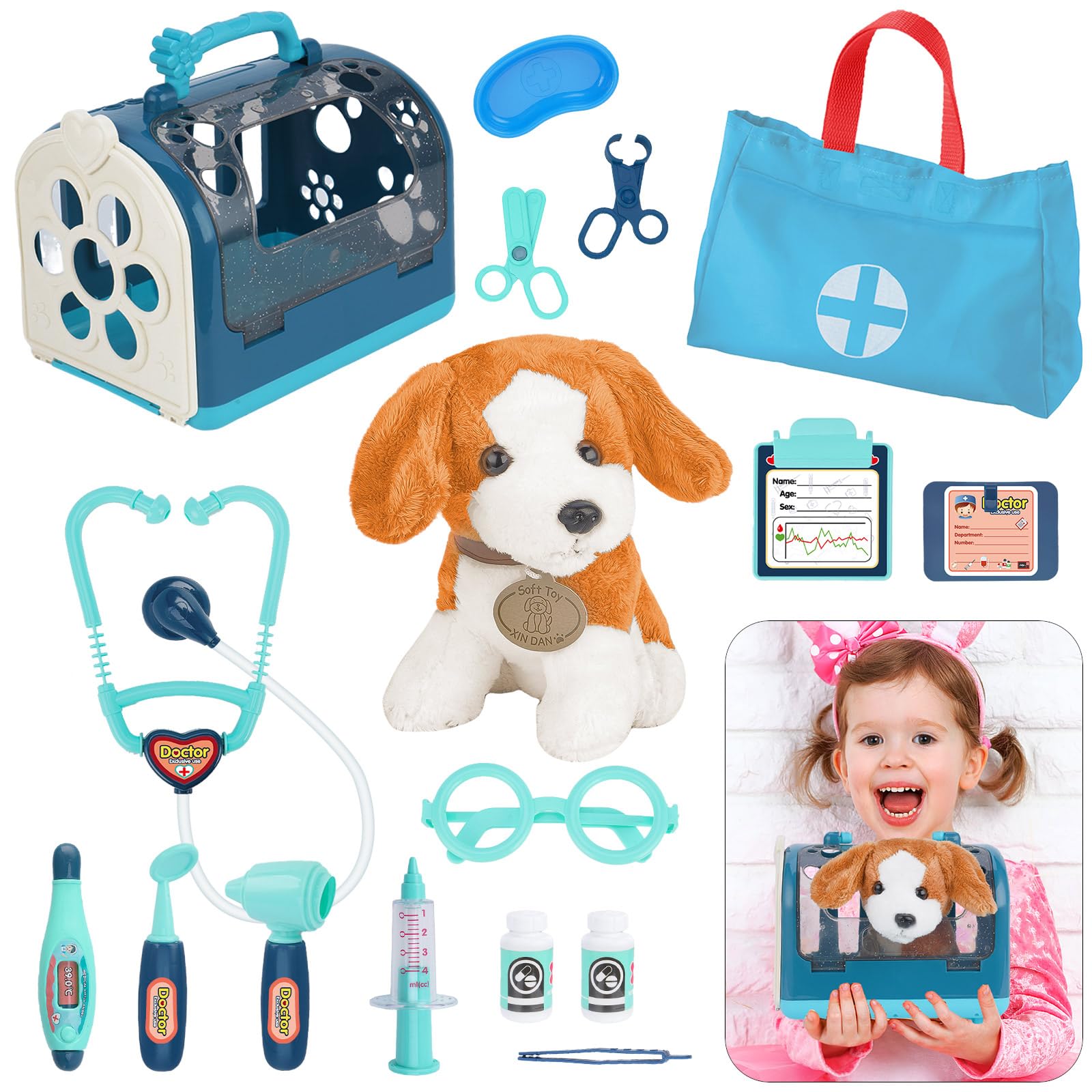 Amazon.com: Doctor Kit for Kids with Dog Toy, Girls Boys Veterinarian ...