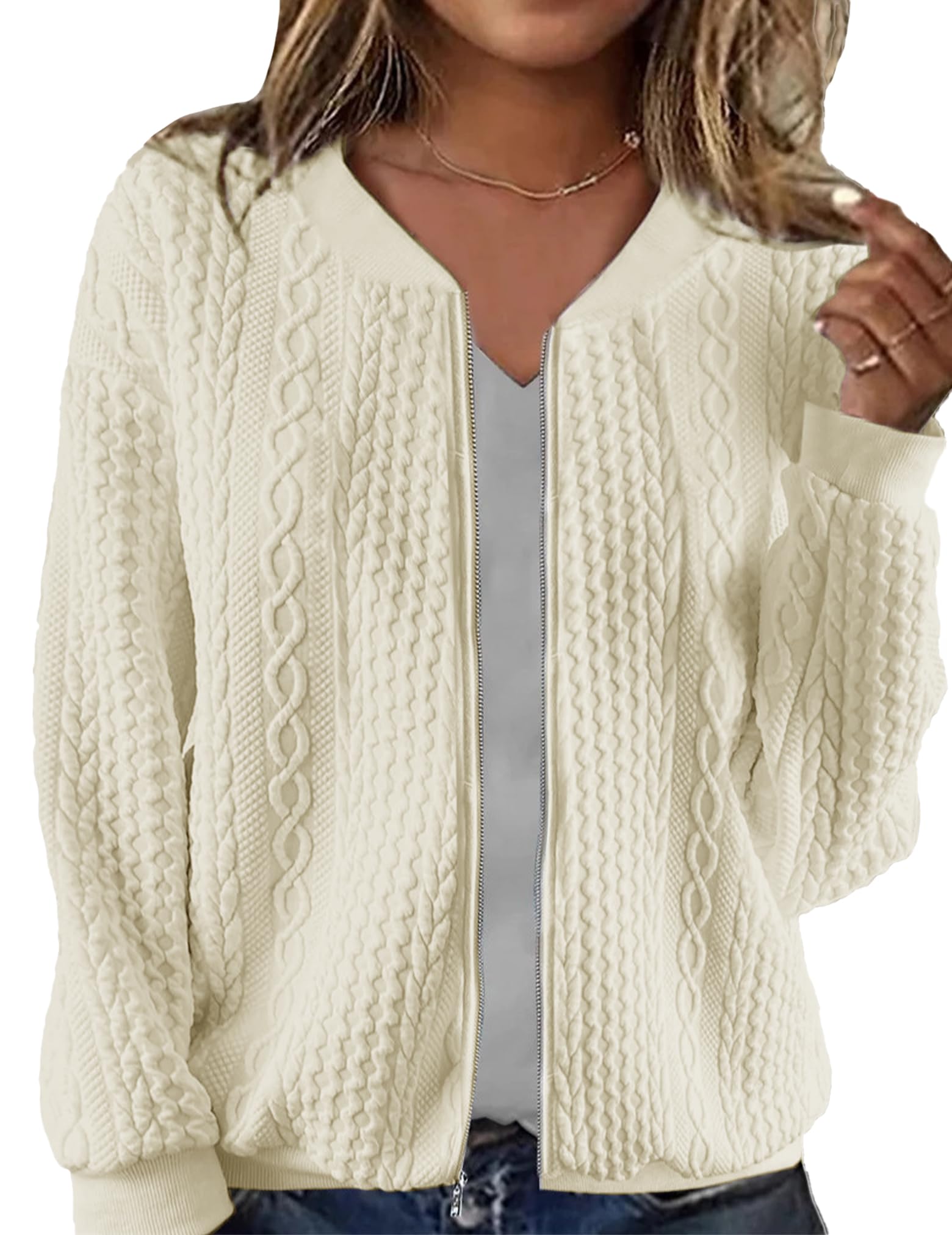 Women's Zip Up Cardigan Sweater Cable Hoodies Long Sleeve Jacket ...