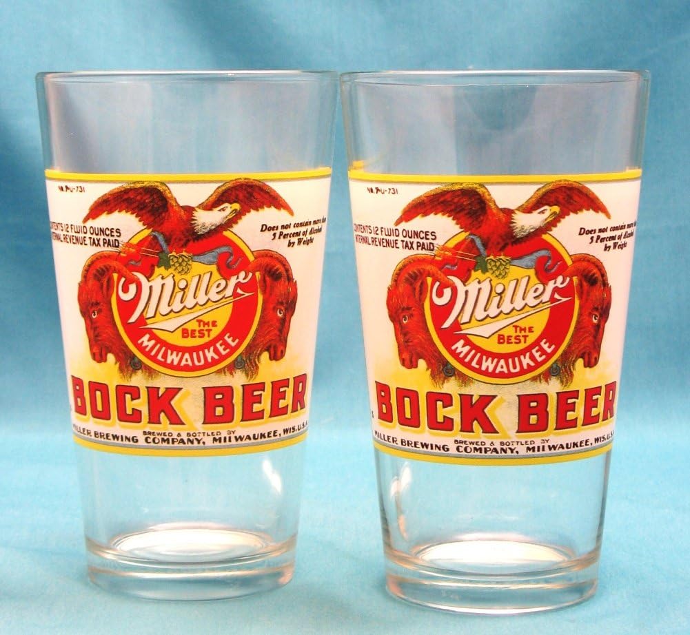 Amazon.com | Miller Bock Beer 6in Retro Pint Glass Set Of 2: Beer Glasses