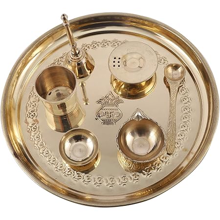 Pranchi Metals Brass Pooja Thali Set | 10 Inch Puja Thali with Diya ...