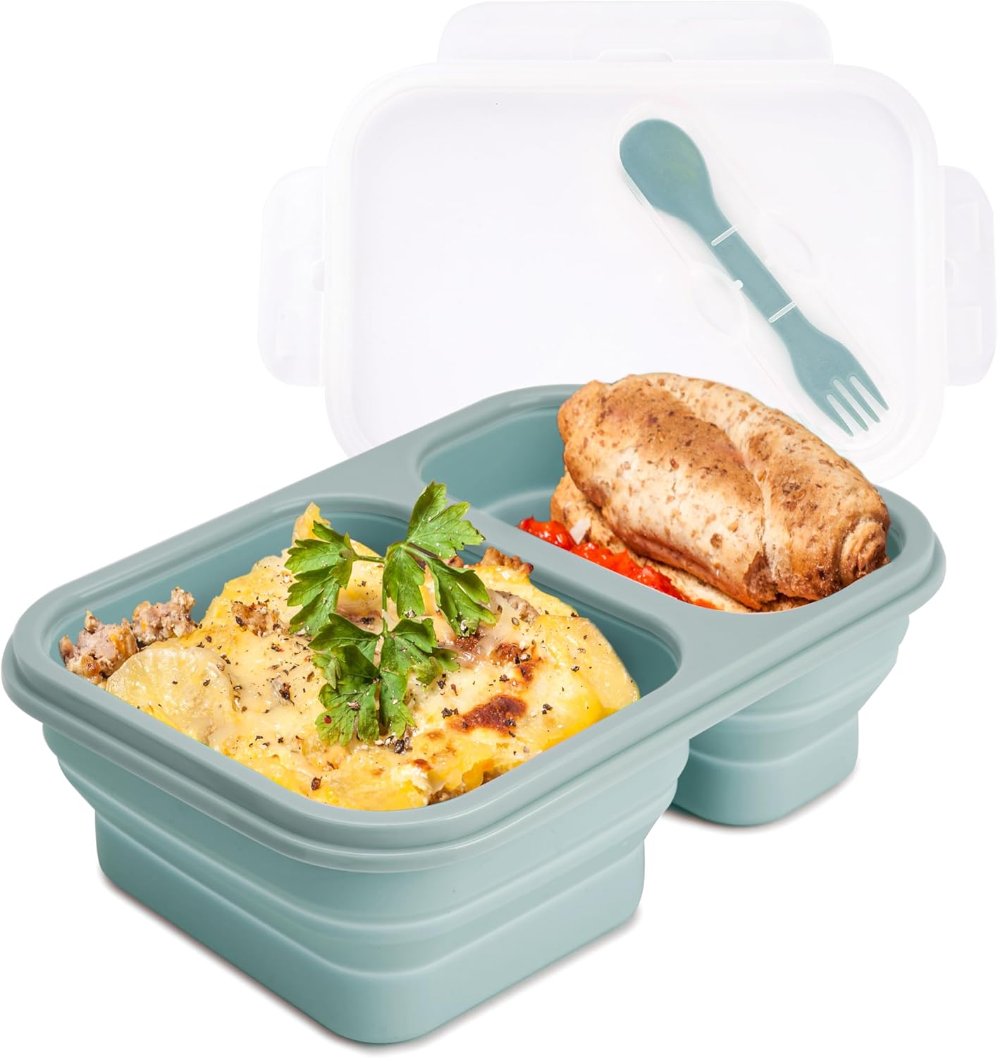 Amazon.com: 2 Compartments Blue Collapsible Silicone Bento Lunch Box ...
