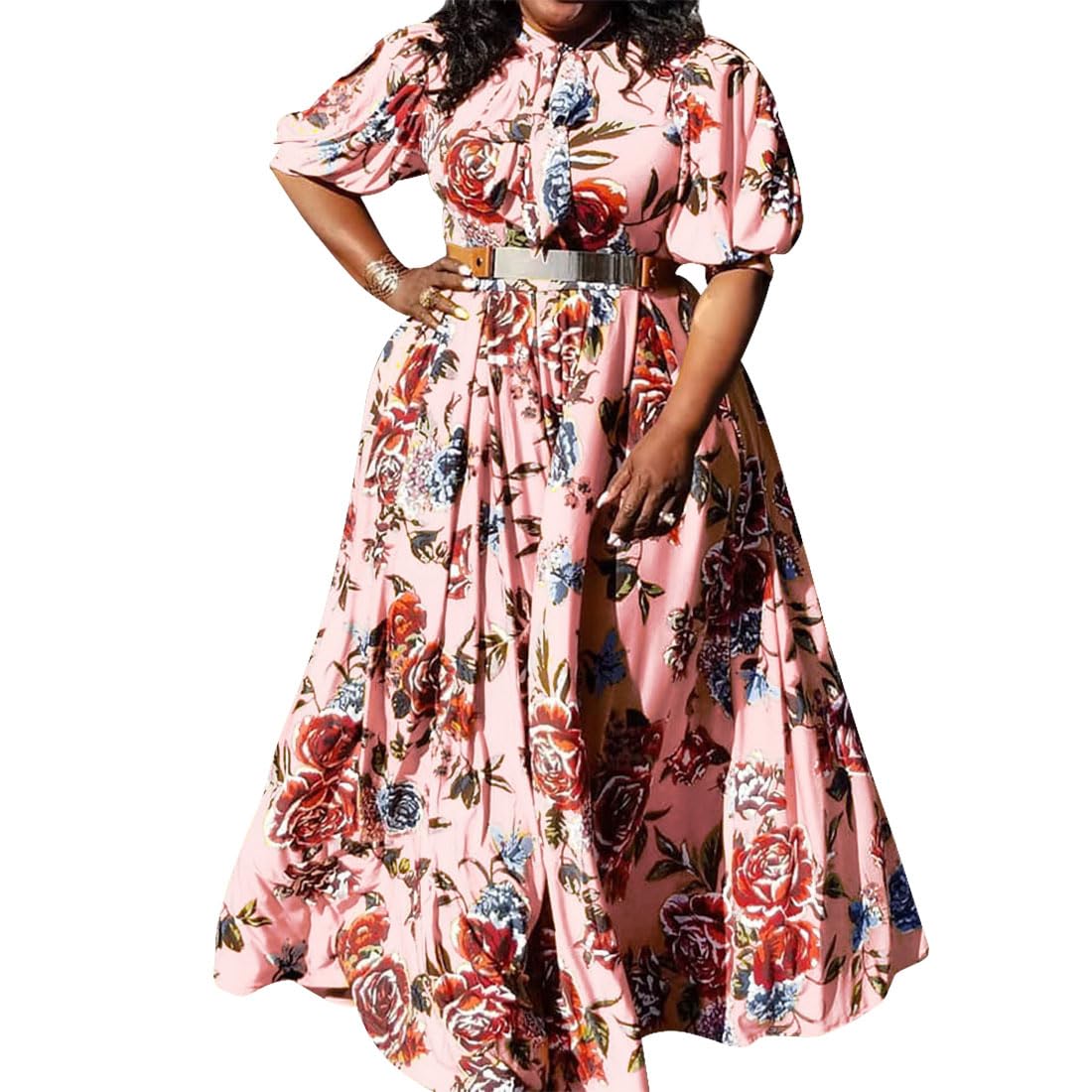 VERWIN Plus Size Floor-Length Print Half Lantern Sleeve Floral Women's ...