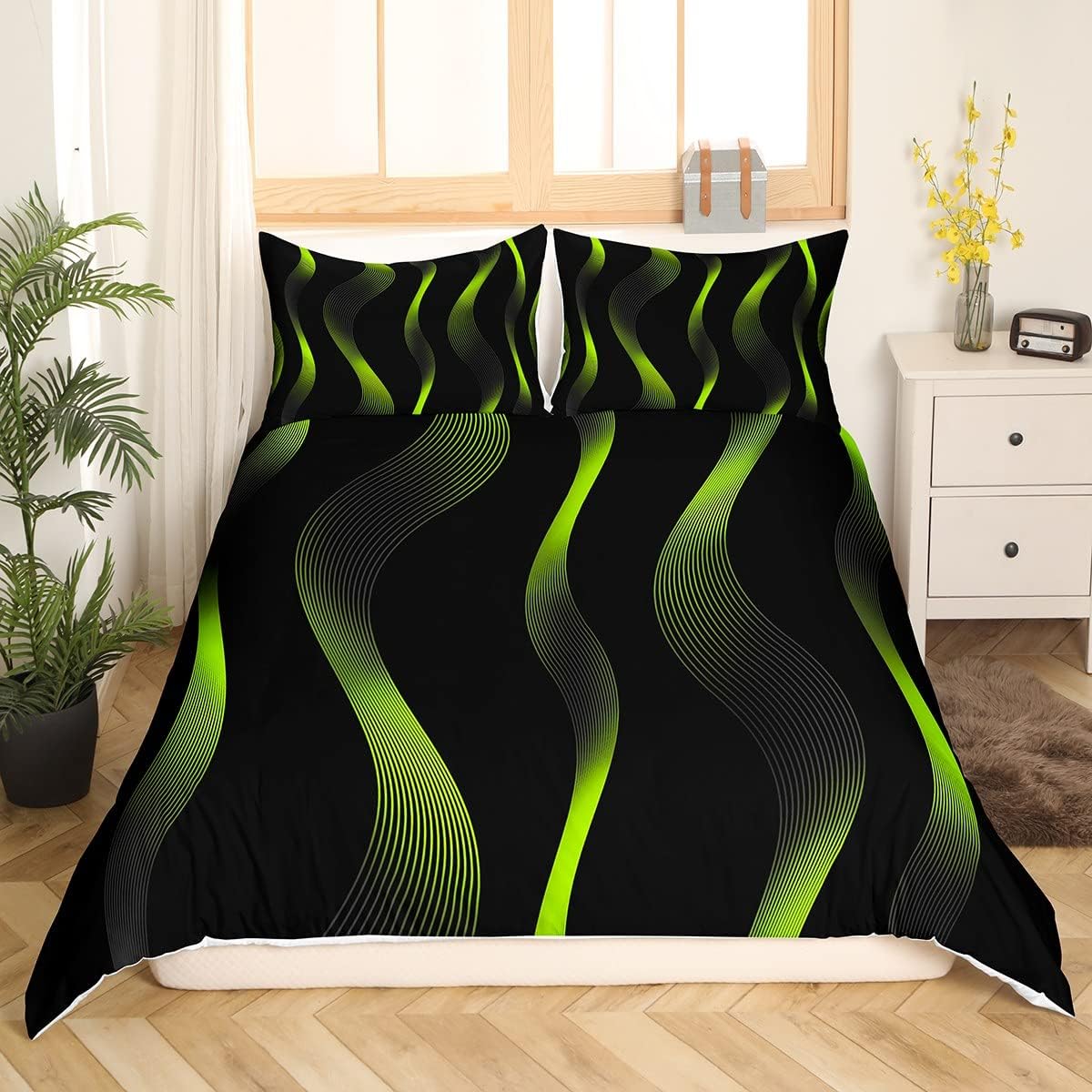 Amazon.com: Lime Green Stripe Duvet Cover King Size Neon Glitter ...