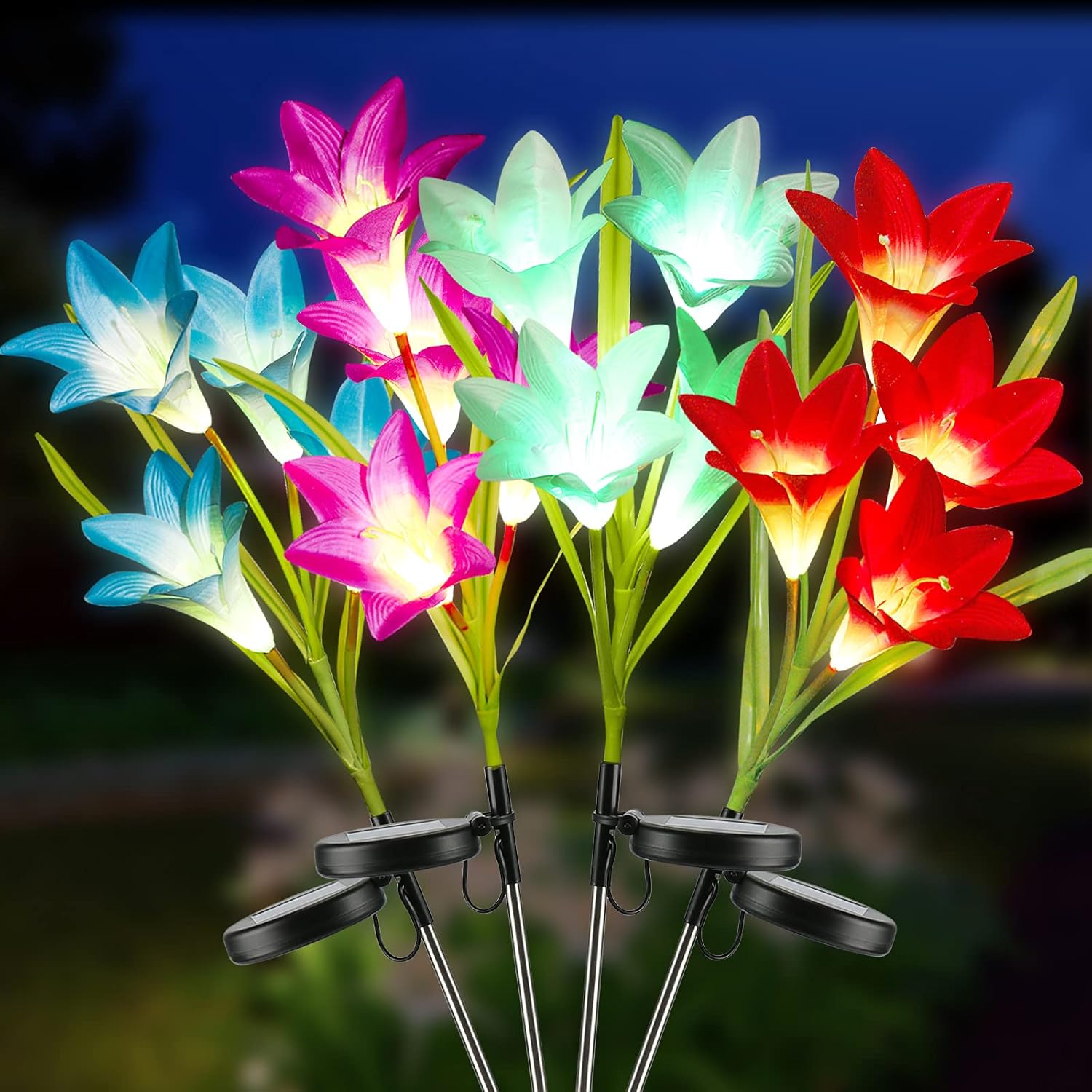 Flacchi 4 Pack Solar Lily Flower Lights with 16 Larger Lily Flower ...