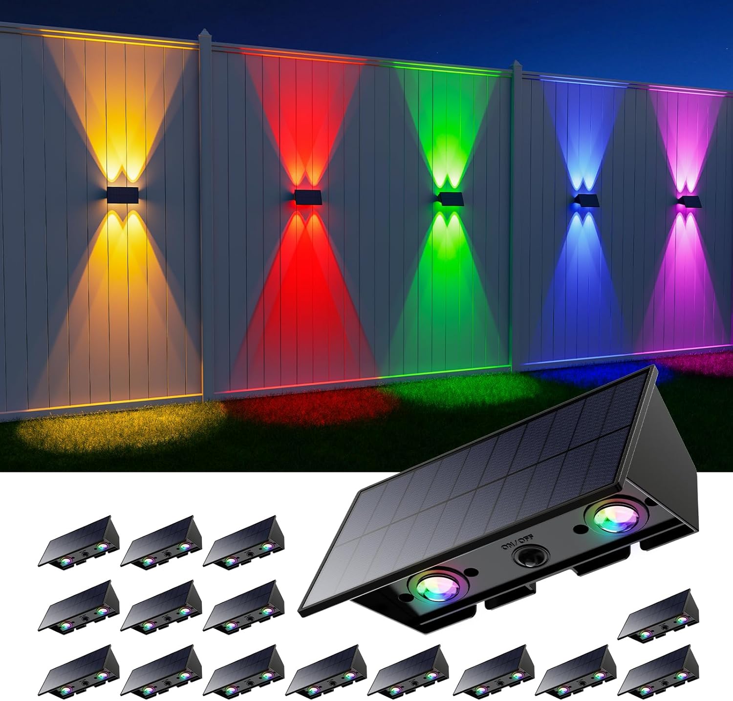 16 Pack Color Changing Solar Up and Down Fence Lights Outdoor Wall ...
