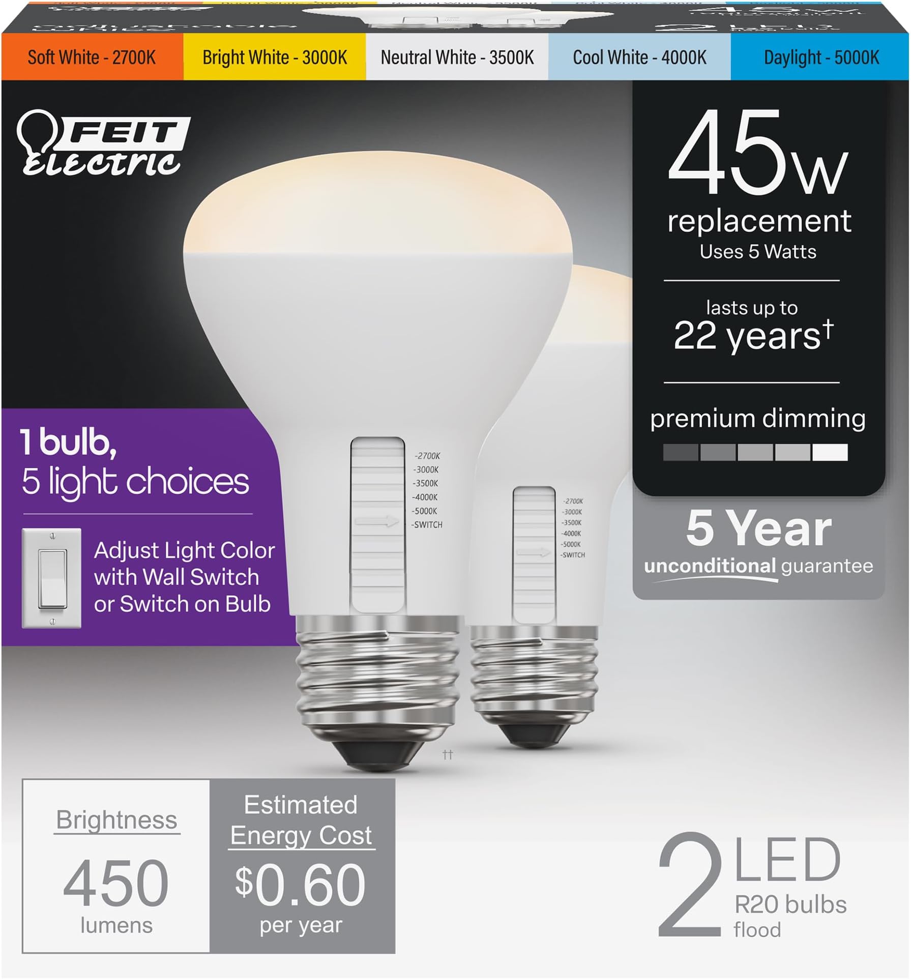 Feit Electric R20 LED Light Bulb, 45W Equivalent, Dimmable, Color ...