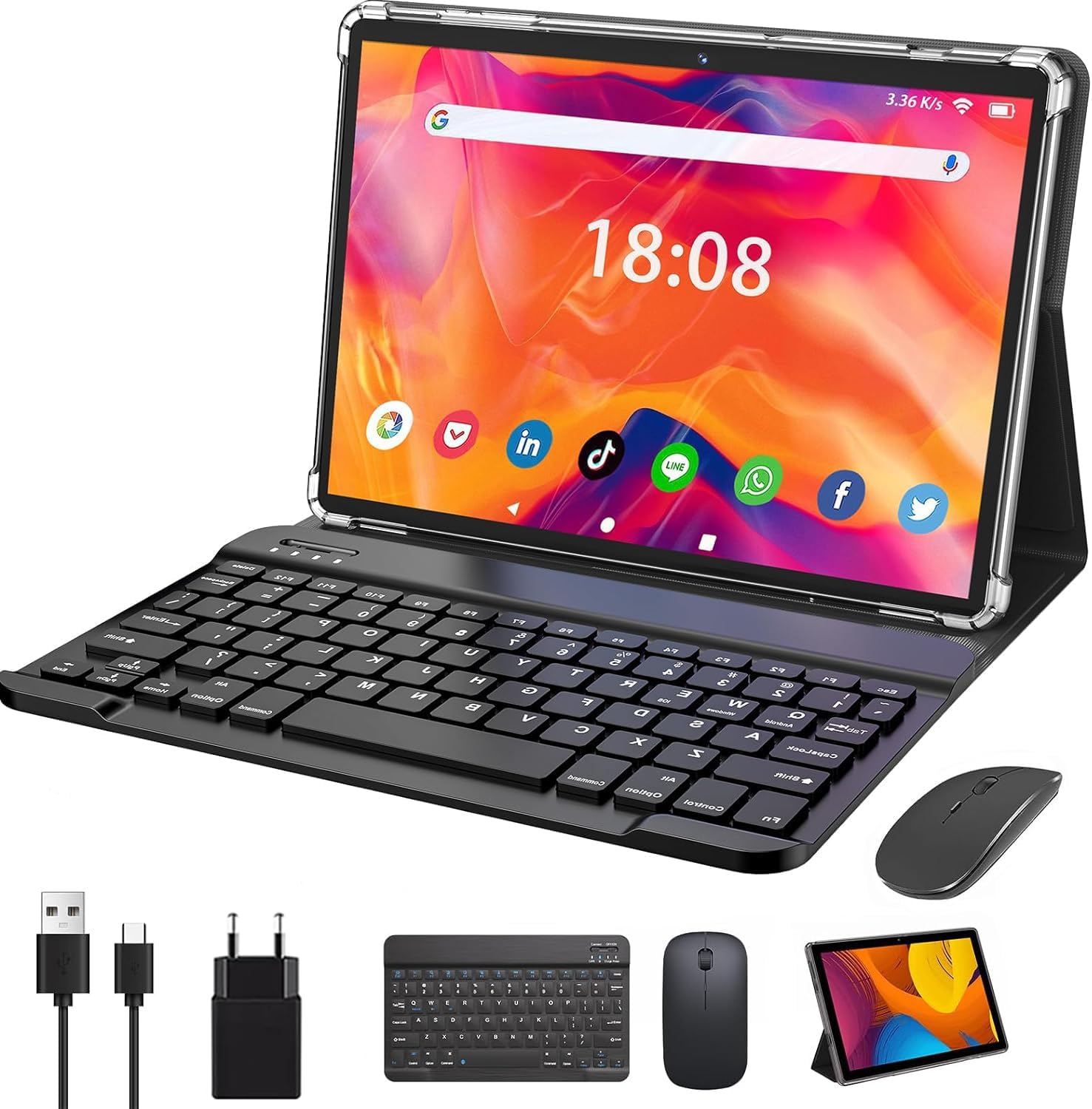 10,1 polegadas Tablet com Caso, Teclado e Mouse, Android 12 Tablet, 6GB ...