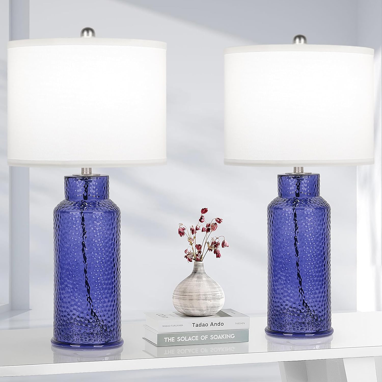 TOBUSA Blue Glass Table Lamps for Bedroom Set of 2, Modern Bedside ...