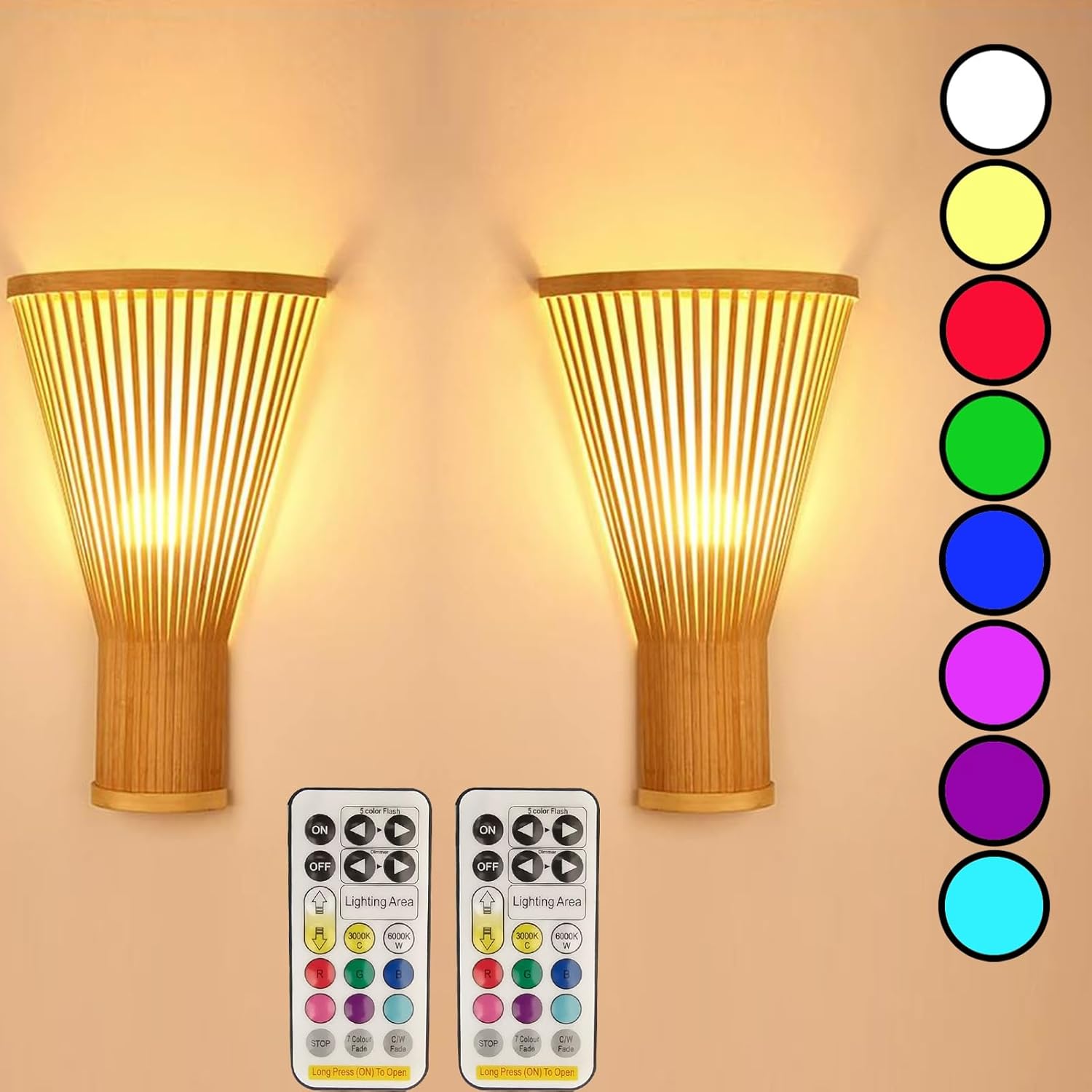 Bamboo wall sconces battery operated set of 2,Wireless wall light ...